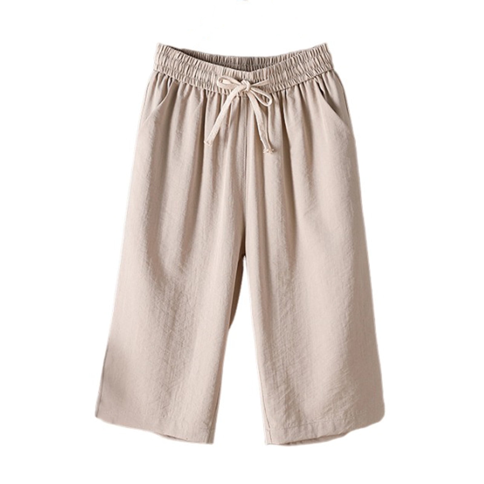 USNSM Women's Capri Pants Elastic Waist Wide Leg Drawstring Stretch ...