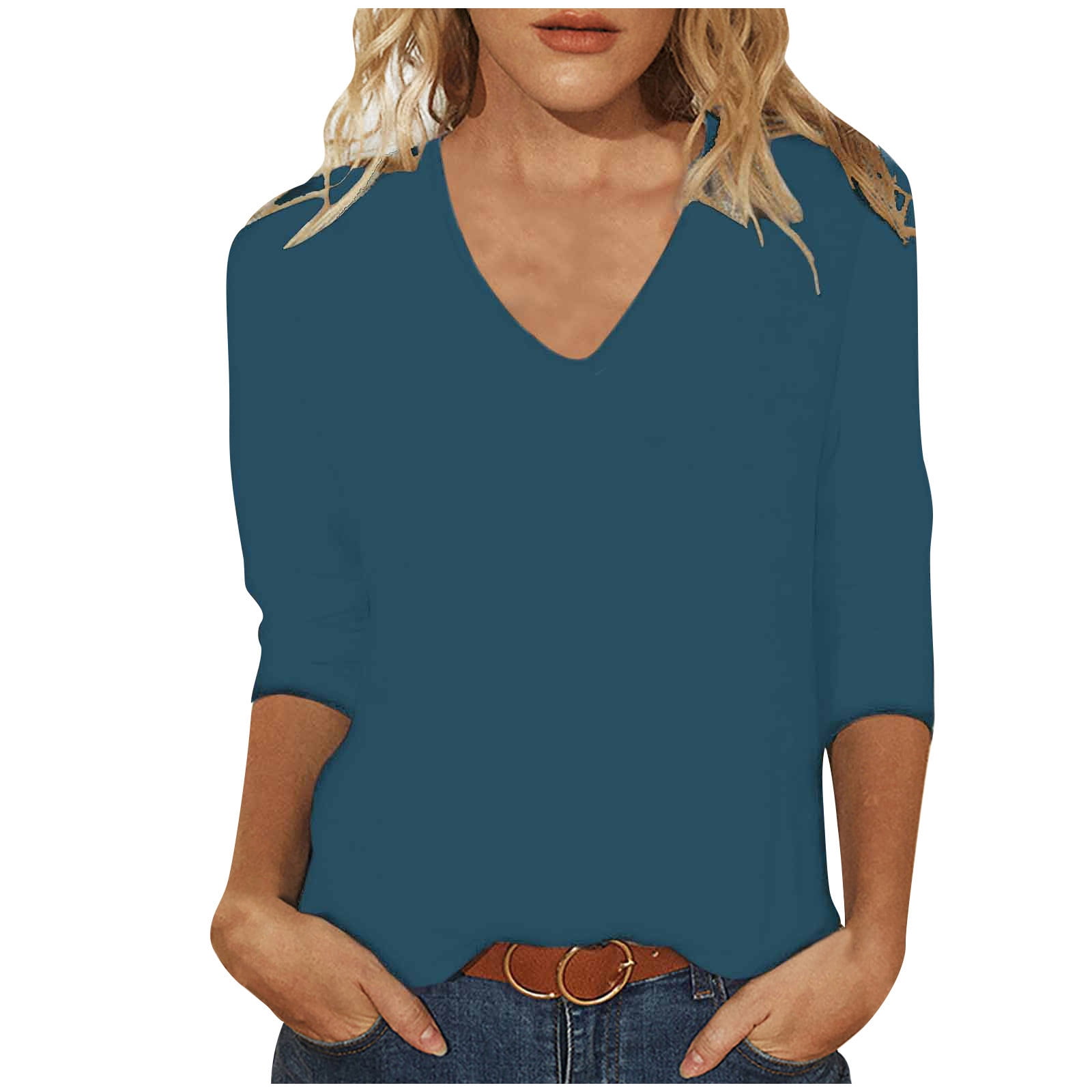 USNSM Womens Summer Tops 2024 Casual V Neck 3/4 Sleeve Basic Crew Neck ...