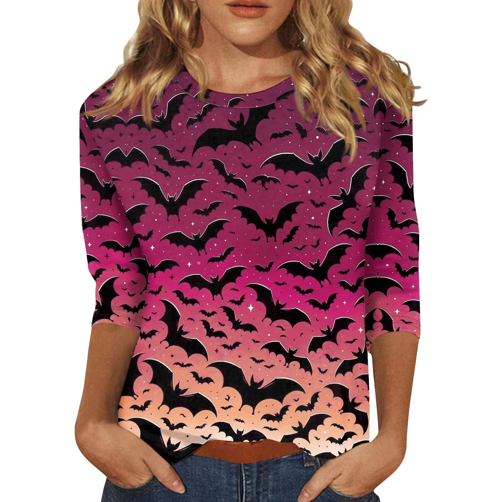 USOCUTE Women Halloween Shirts Crew Neck 3/4 Sleeve Halloween Tops ...