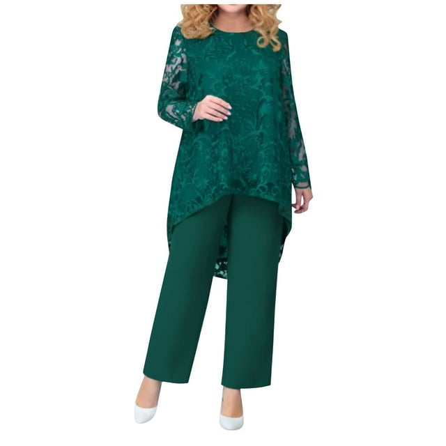 USOCUTE Women’s Wedding Chiffon Pant Suit Elegant Lace 2 Piece Set ...