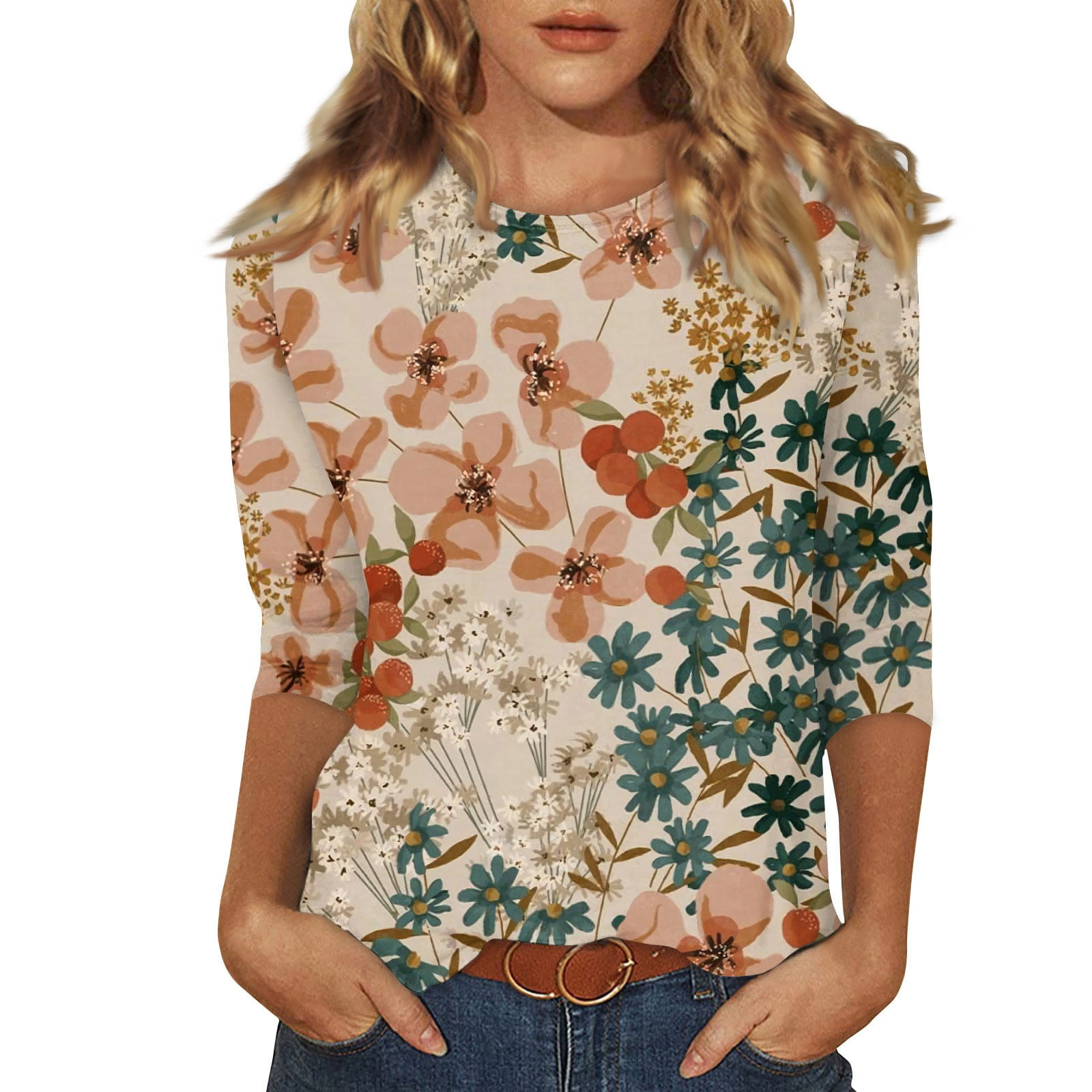 USOCUTE Womens 3/4 Sleeve Tops Cotton Floral Print Shirts Summer Crew ...