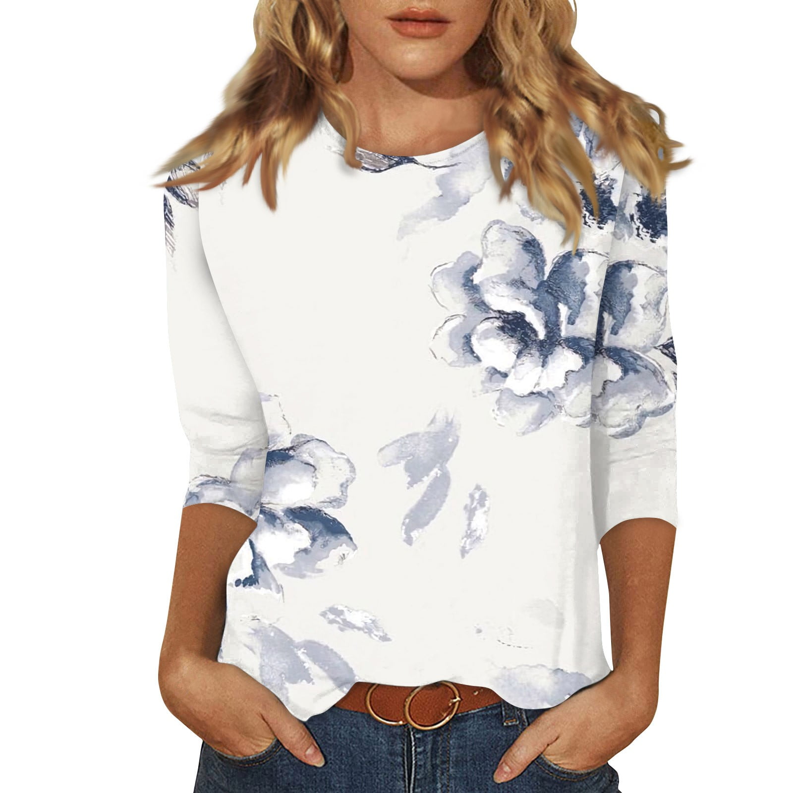 USOCUTE Womens Tops 3/4 Sleeve Crew Neck Cotton Tees Floral Print ...