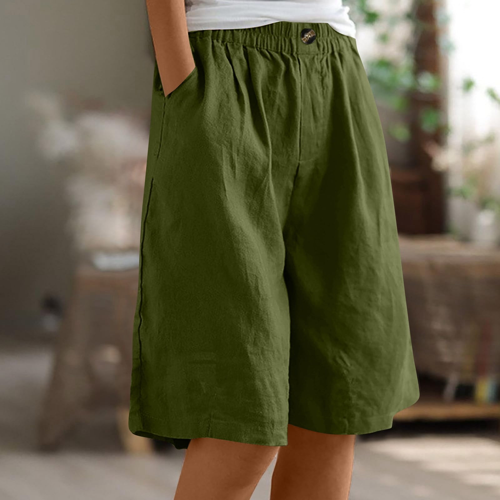USOCUTE Womens Wide Leg Cotton Linen Bermuda Shorts with Pockets High ...