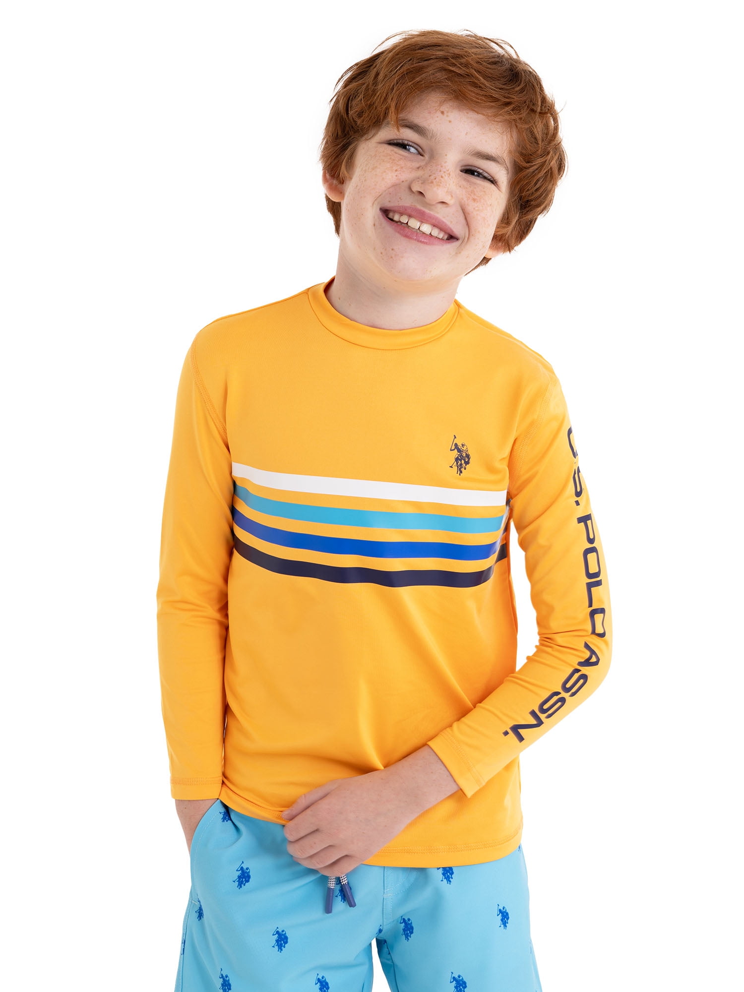 U.S. Polo Assn. Boys Long Sleeve Chest Stripe Rash Guard, Sizes 4-18 ...