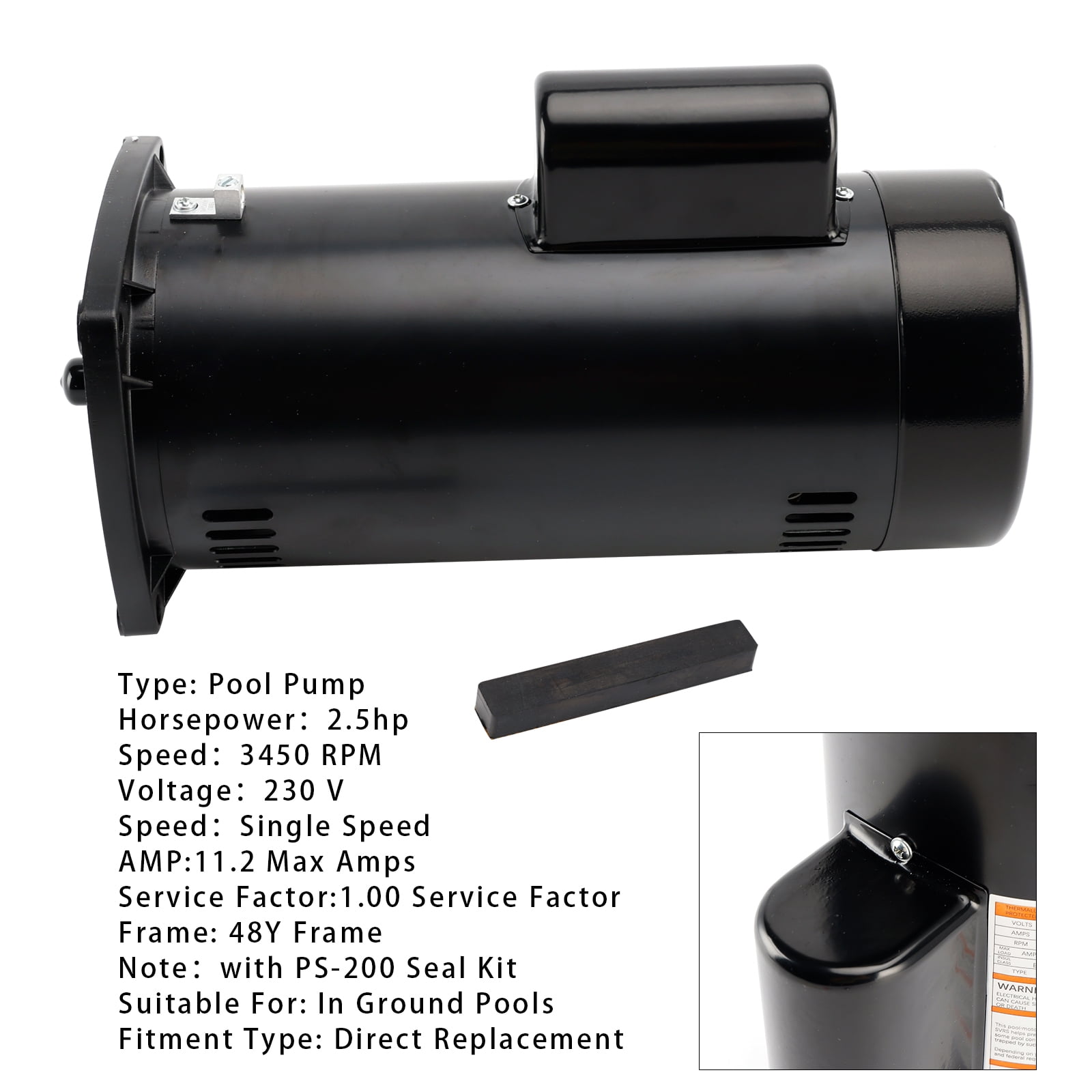 USQ1252 Swimming Pool Motor 2.5HP 230V with PS-200 Seal Kit, 48Y Square ...