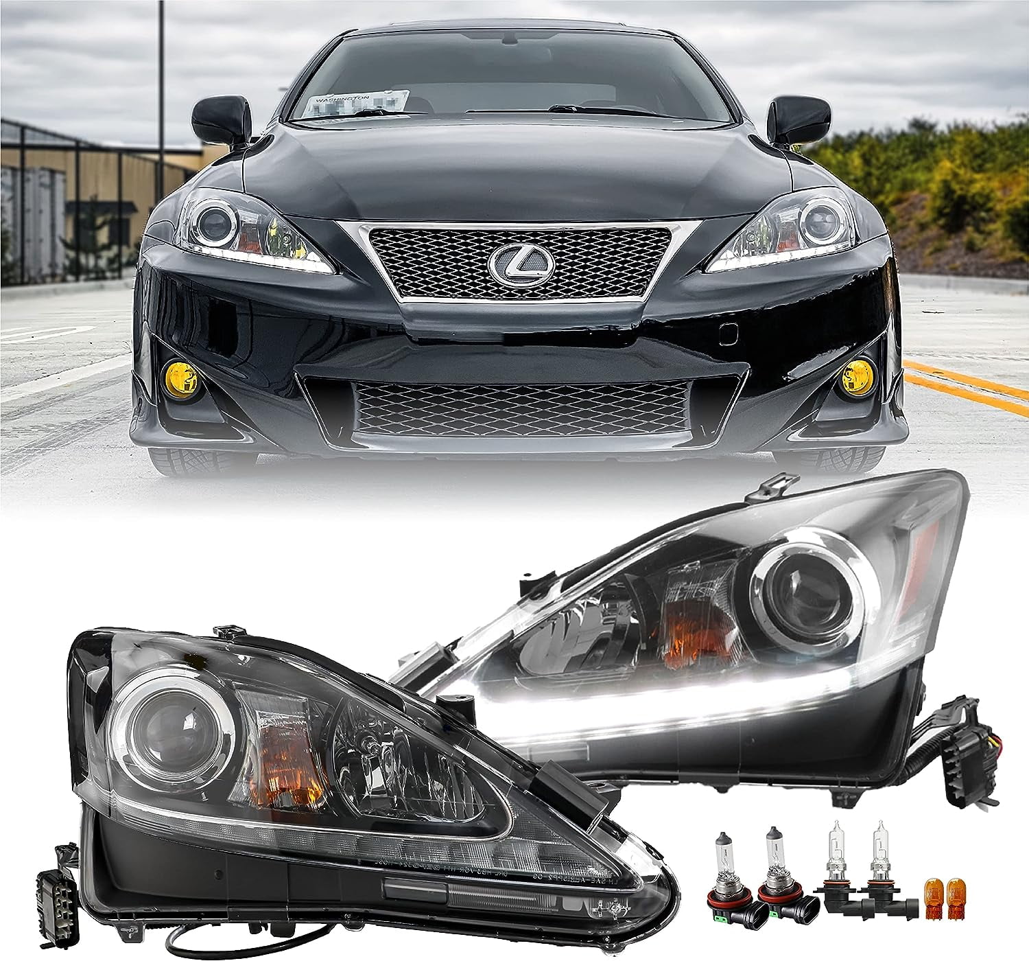 USR DEPO IS250 IS350 White LED DRL Projector Headlight Assembly Set (Left + Right) Compatible ...