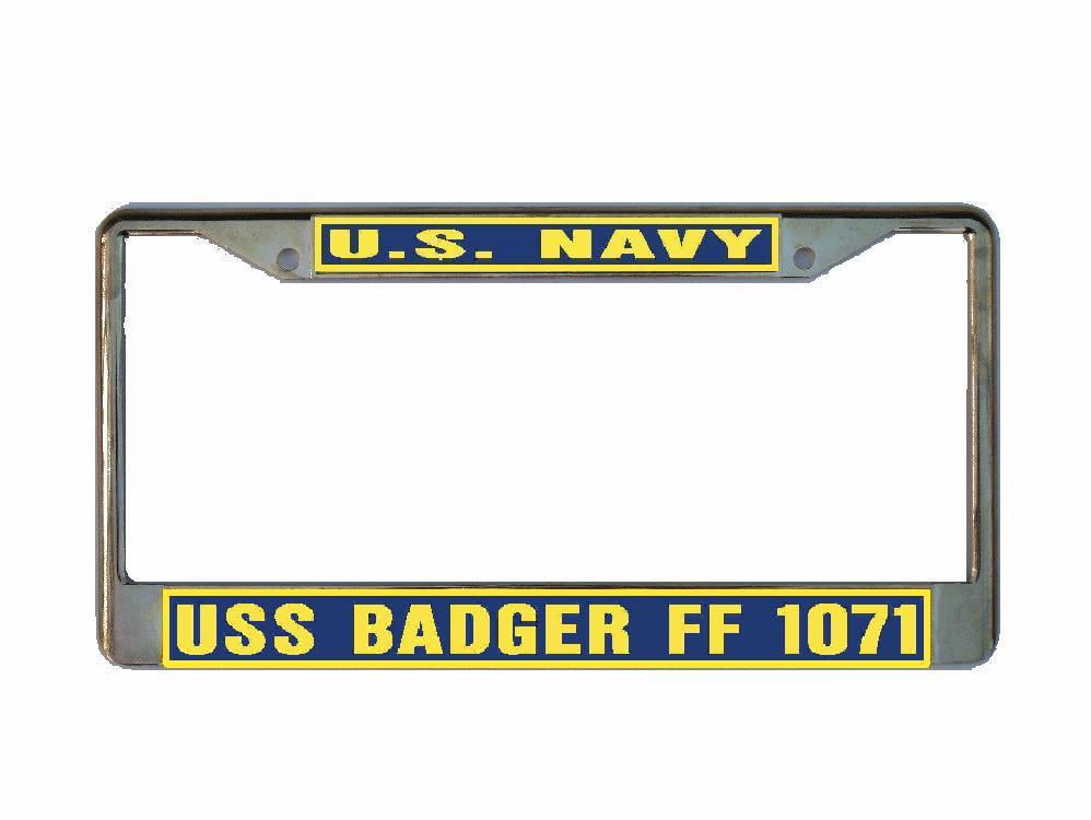 USS BADGER FF 1071 License Plate Frame Gold Chrome Metal Military Navy ...