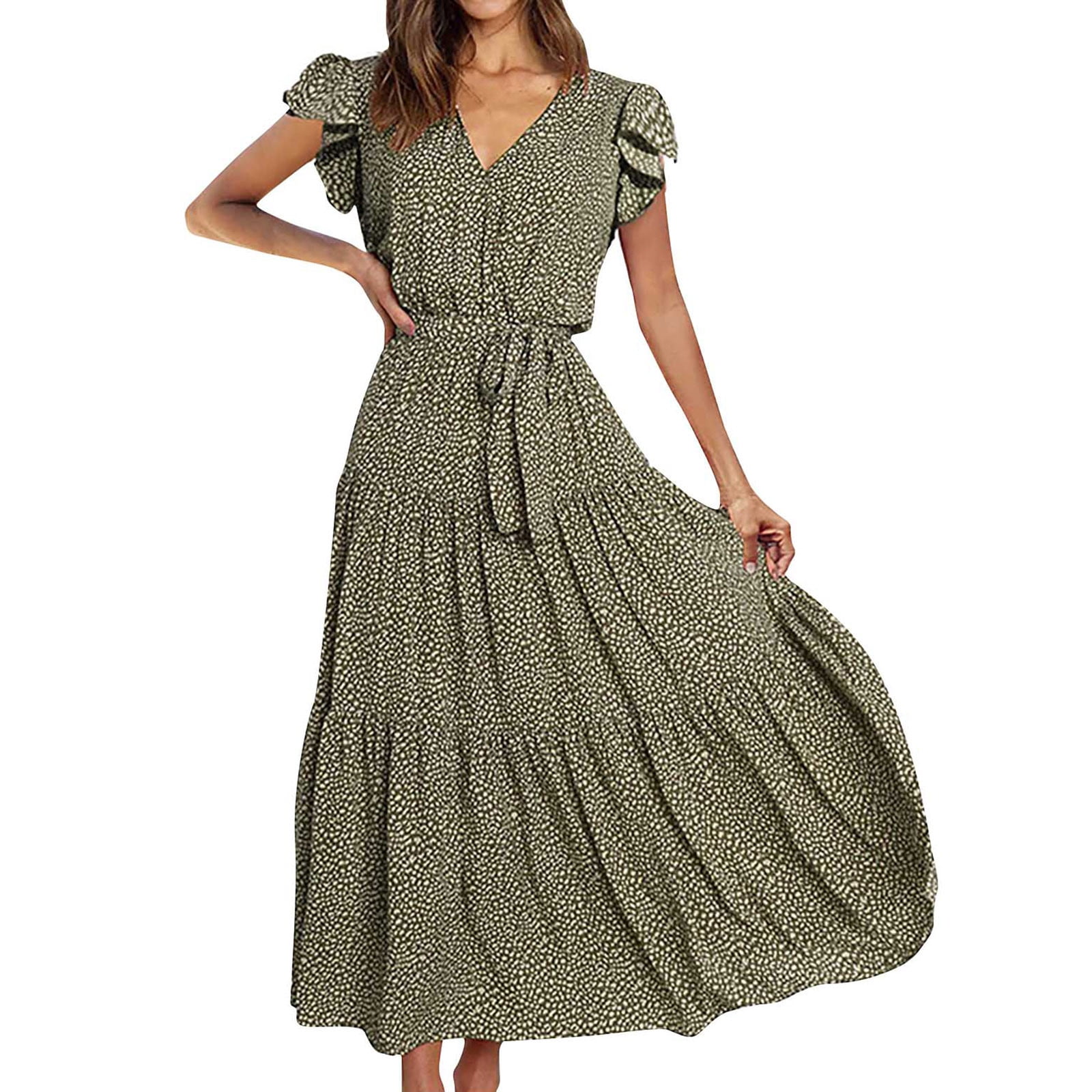 USSUMA Beach Dresses for Women Casual Summer Pleated Flowy Swing Maxi ...