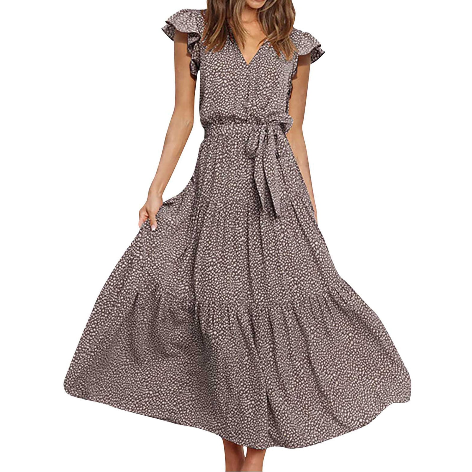 USSUMA Beach Dresses for Women Casual Summer Pleated Flowy Swing Maxi ...