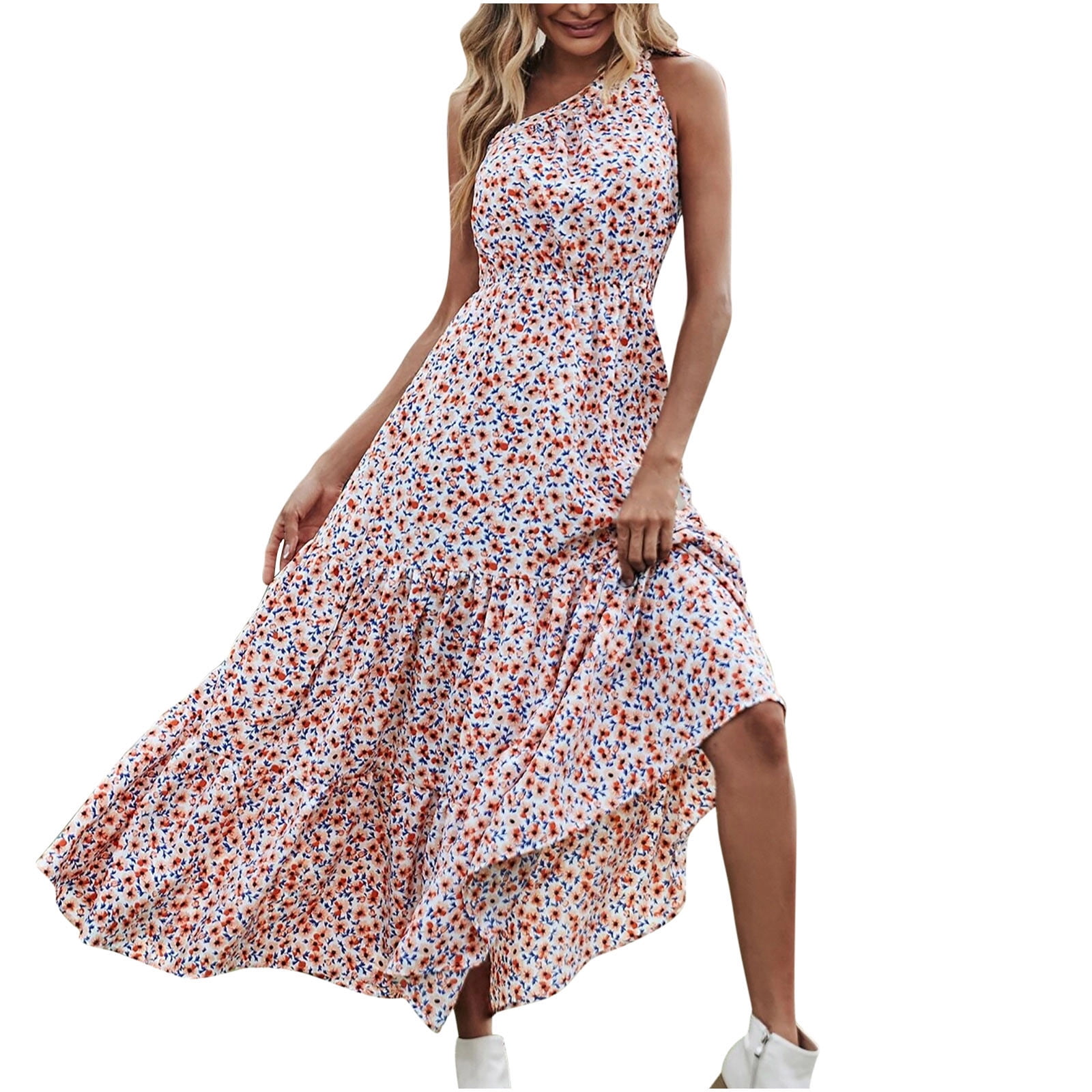 USSUMA Bohemian Floral Tiered Maxi Dress Womens Boho Summer One ...