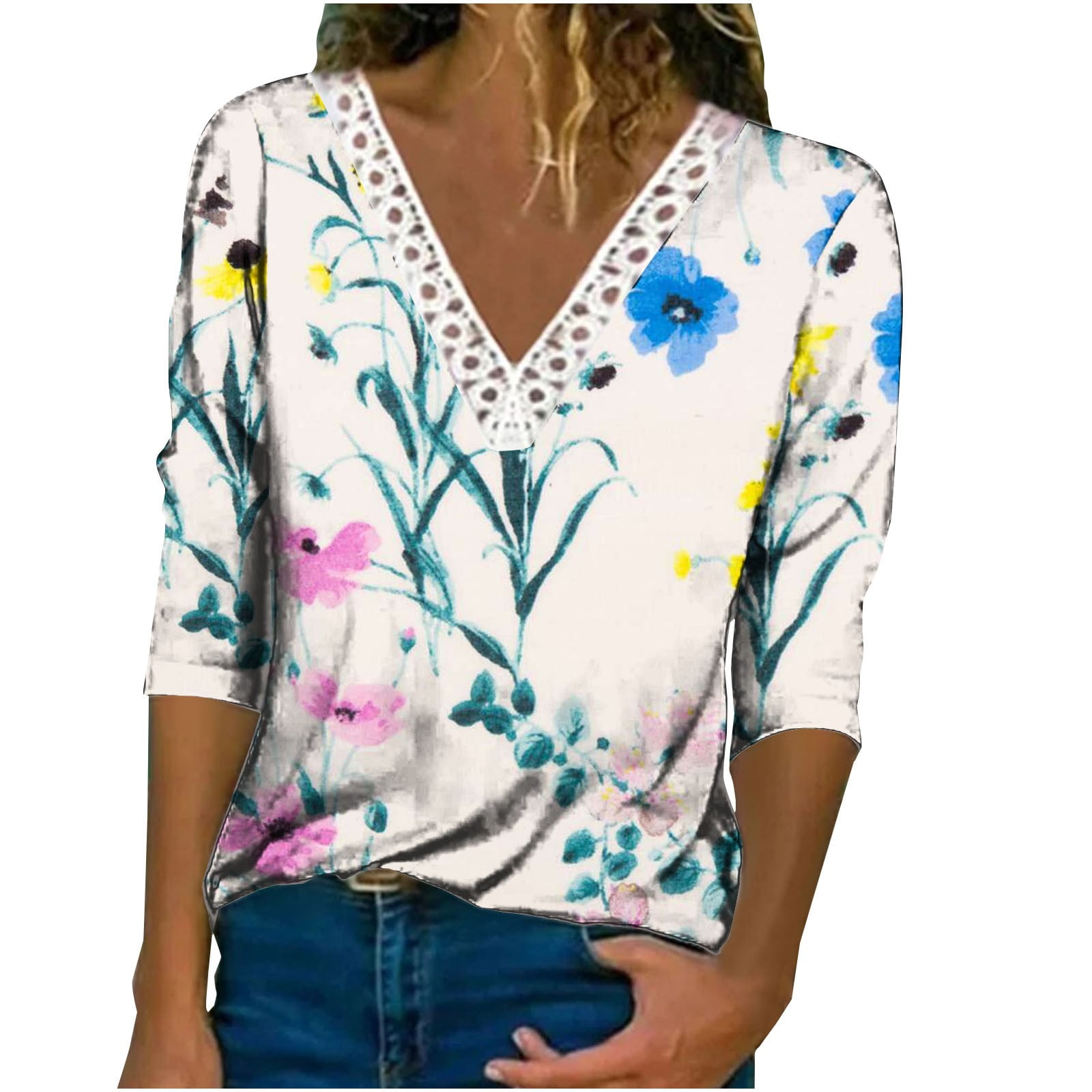 USSUMA Boho Tops for Women Gradient Floral Print Women Tops Long Sleeve ...