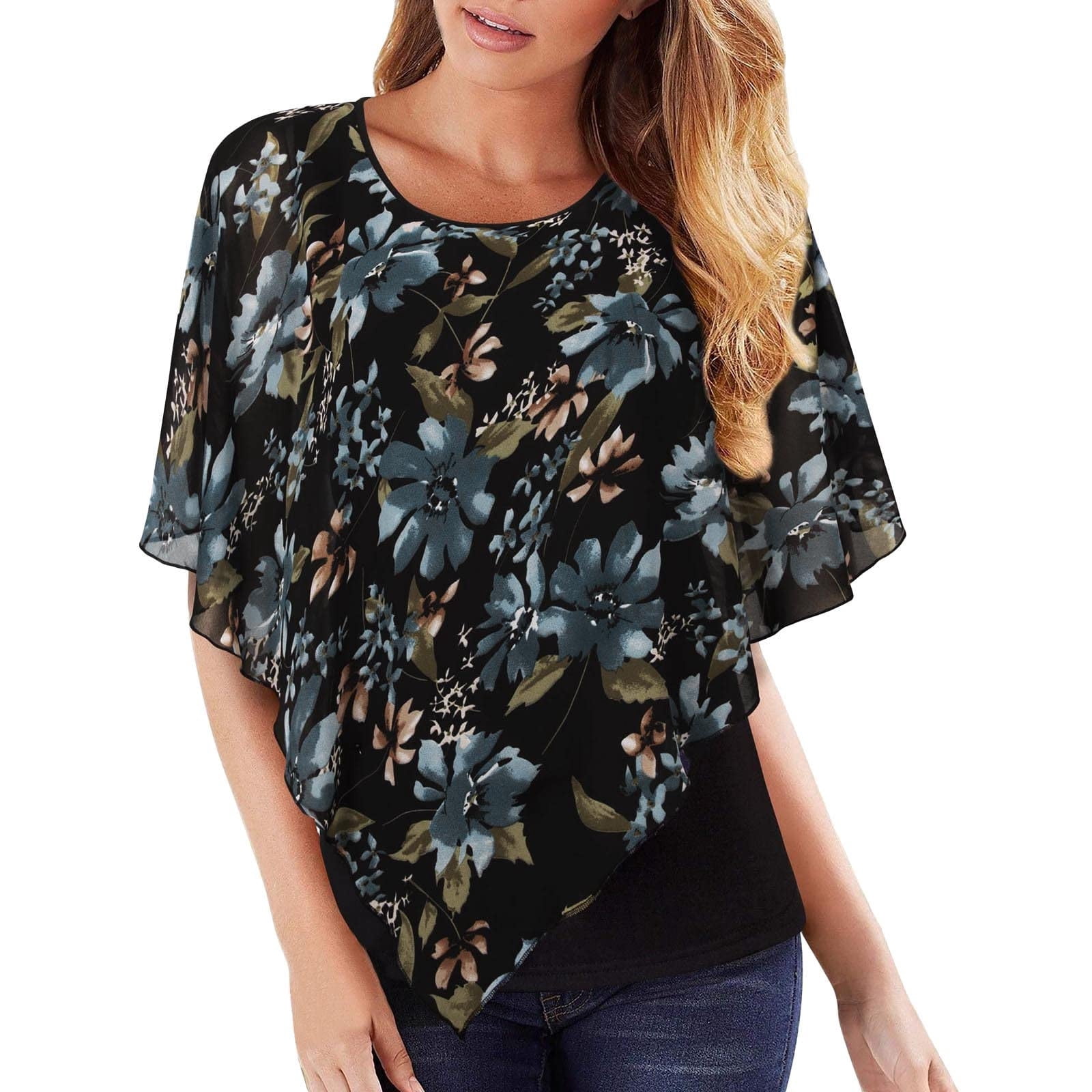 USSUMA Chiffon Flowing Shawl Double Layer Womens Tops Summer Loose Fit ...