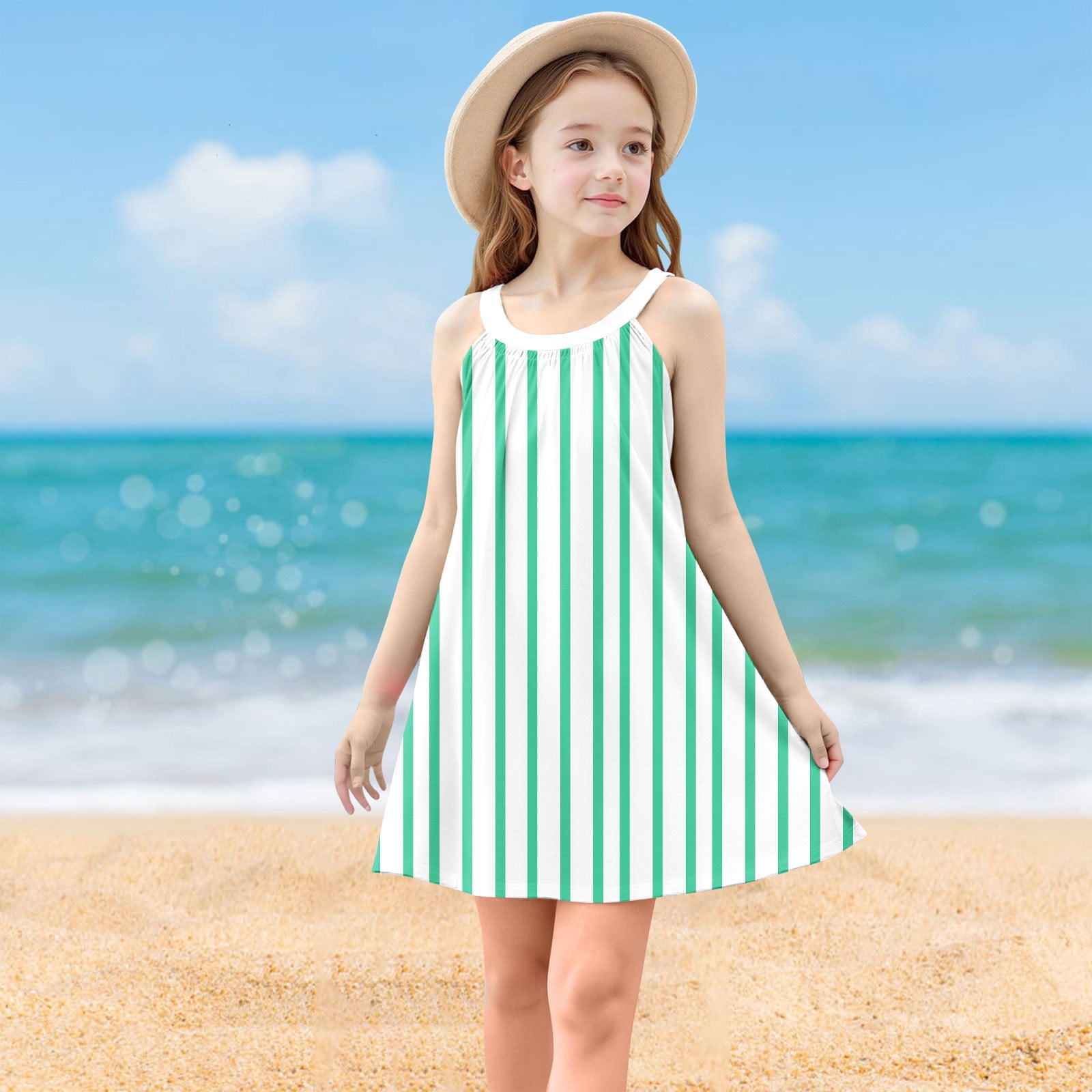 USSUMA Girls Summer Dress Sleeveless Stripped Dress Spaghetti Strap Dress Empire Waist Cute ...