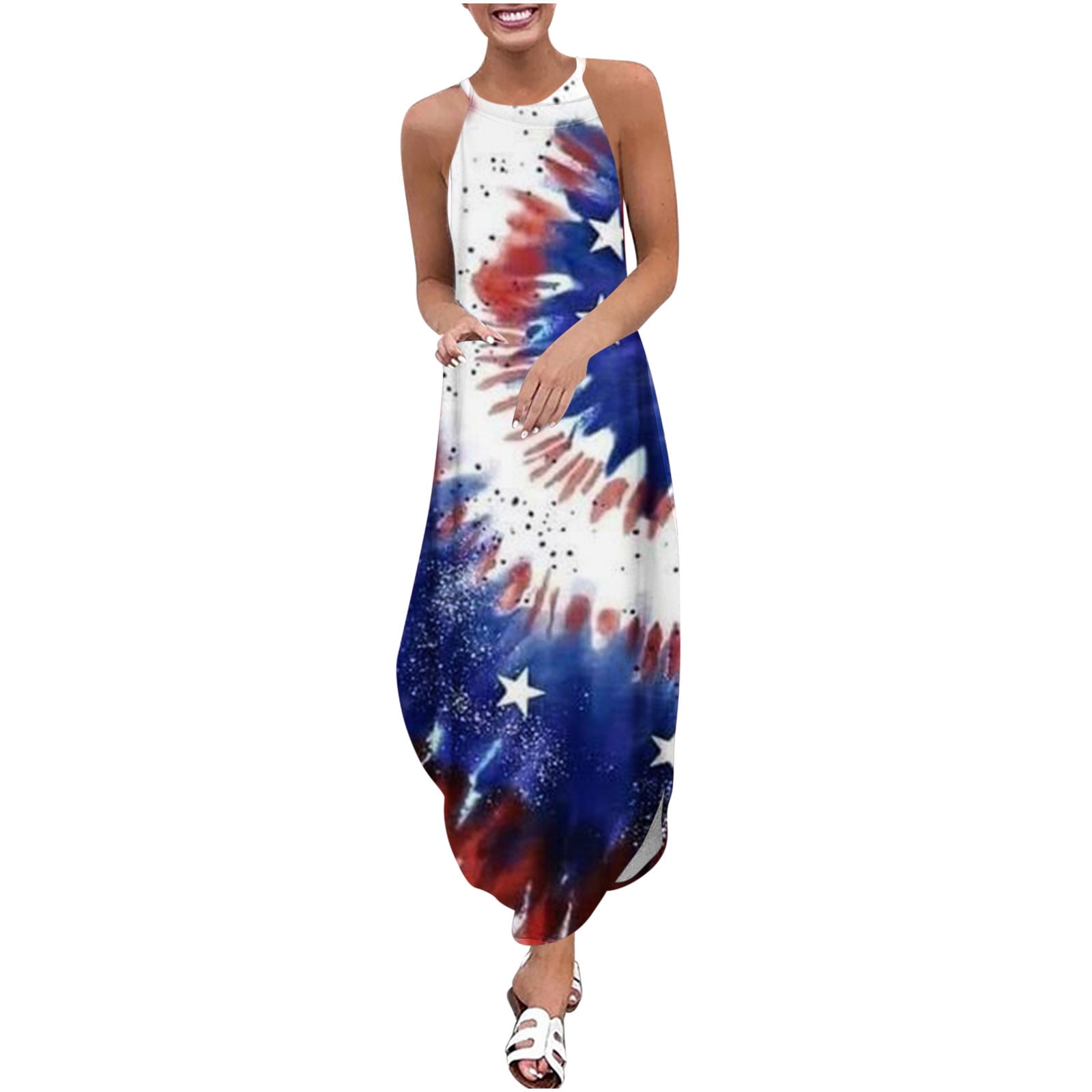USSUMA Maxi Sundresses for Women Casual Summer American Flag Long Beach ...