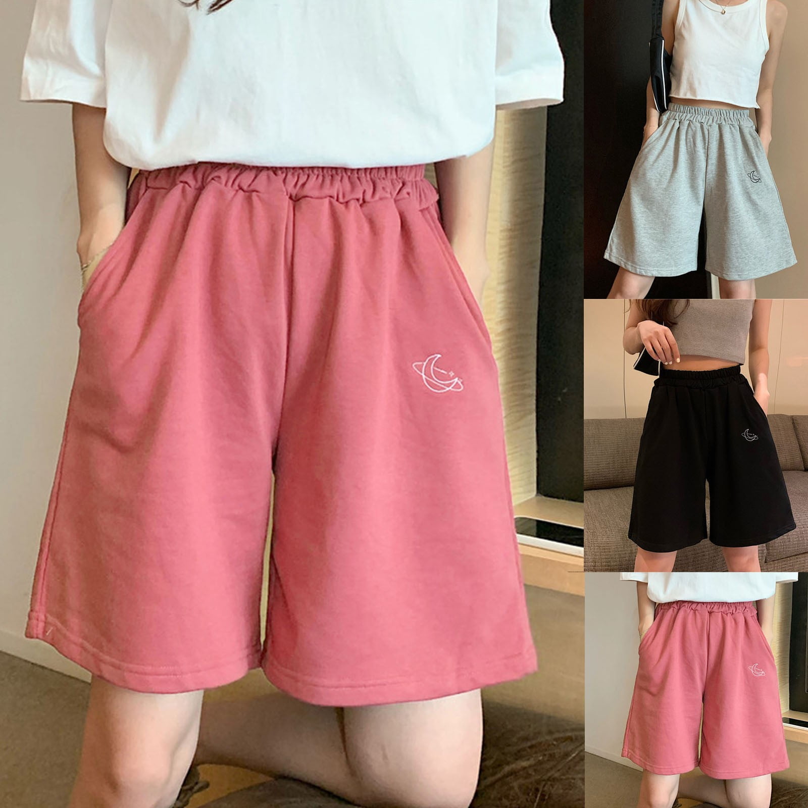 USSUMA My Order Linen Shorts for Women Solid Color Pull-on Loose ...