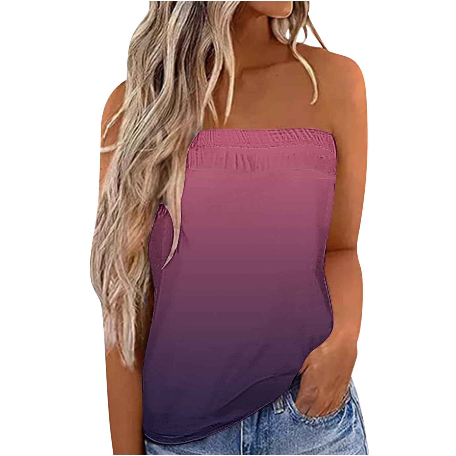 USSUMA Sleeveless Womens Blouses and Tops Dressy Gradient Strapless ...