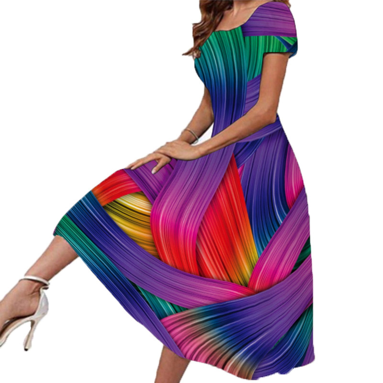 USSUMA Summer Dresses for Women Casual Colorful Print Plus Size Flowy ...