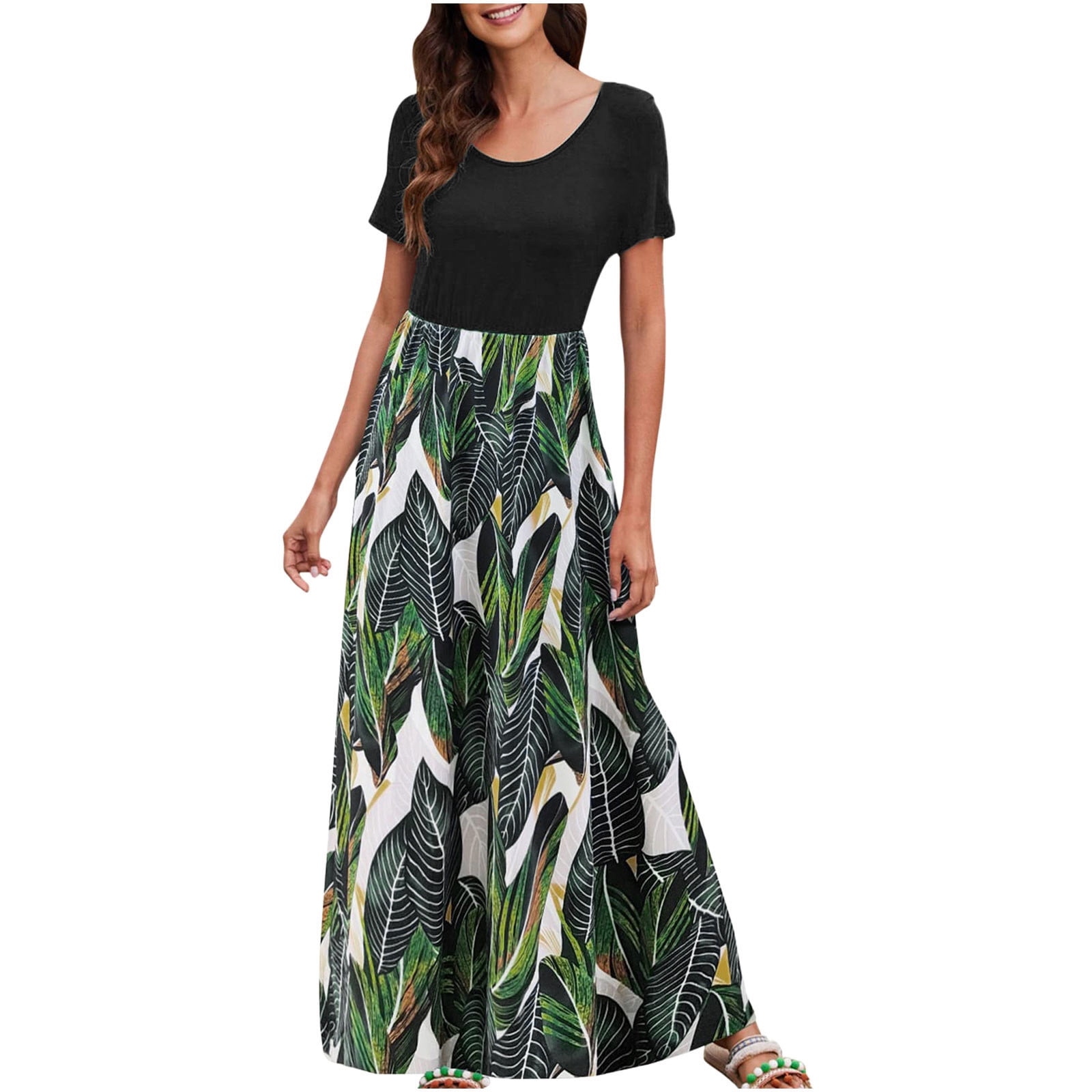 USSUMA Summer Dresses for Women Casual Ruffle Tropical Print Long Maxi ...