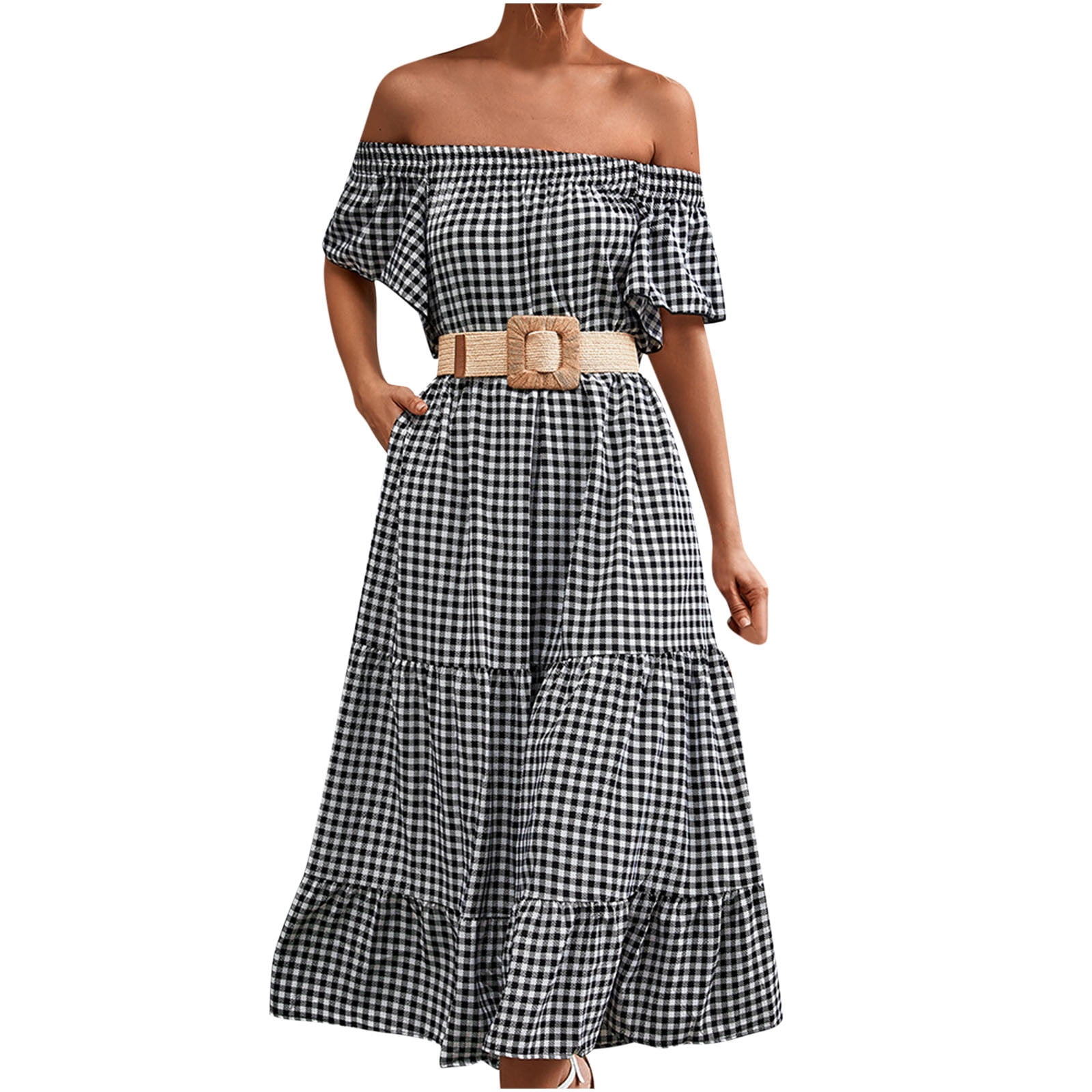 USSUMA Summer Pleated Flowy Tiered Plaid Dresses for Women Trendy ...