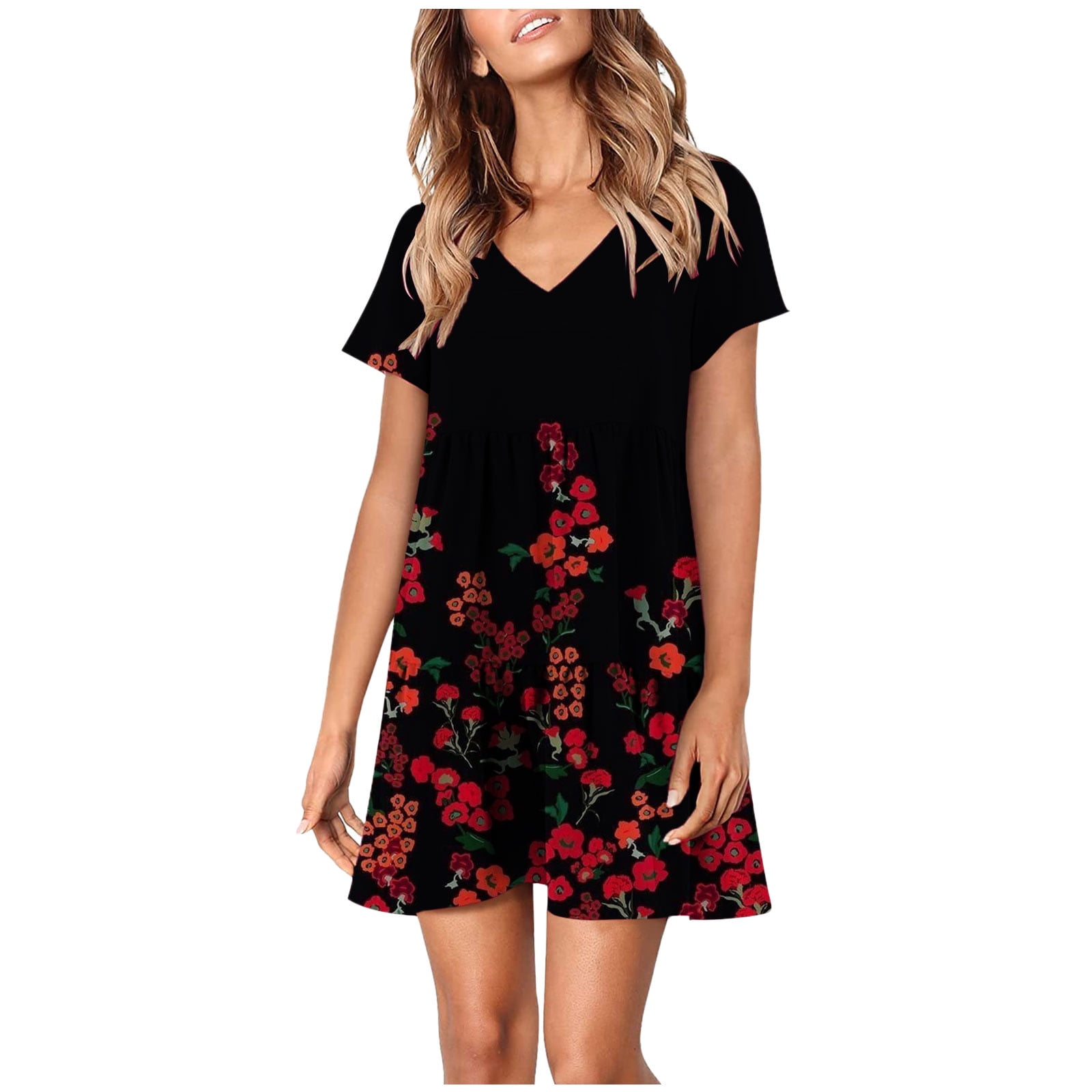 USSUMA Sun Dresses Women Summer Casual Short Sleeve Boho Flowy Smocked ...