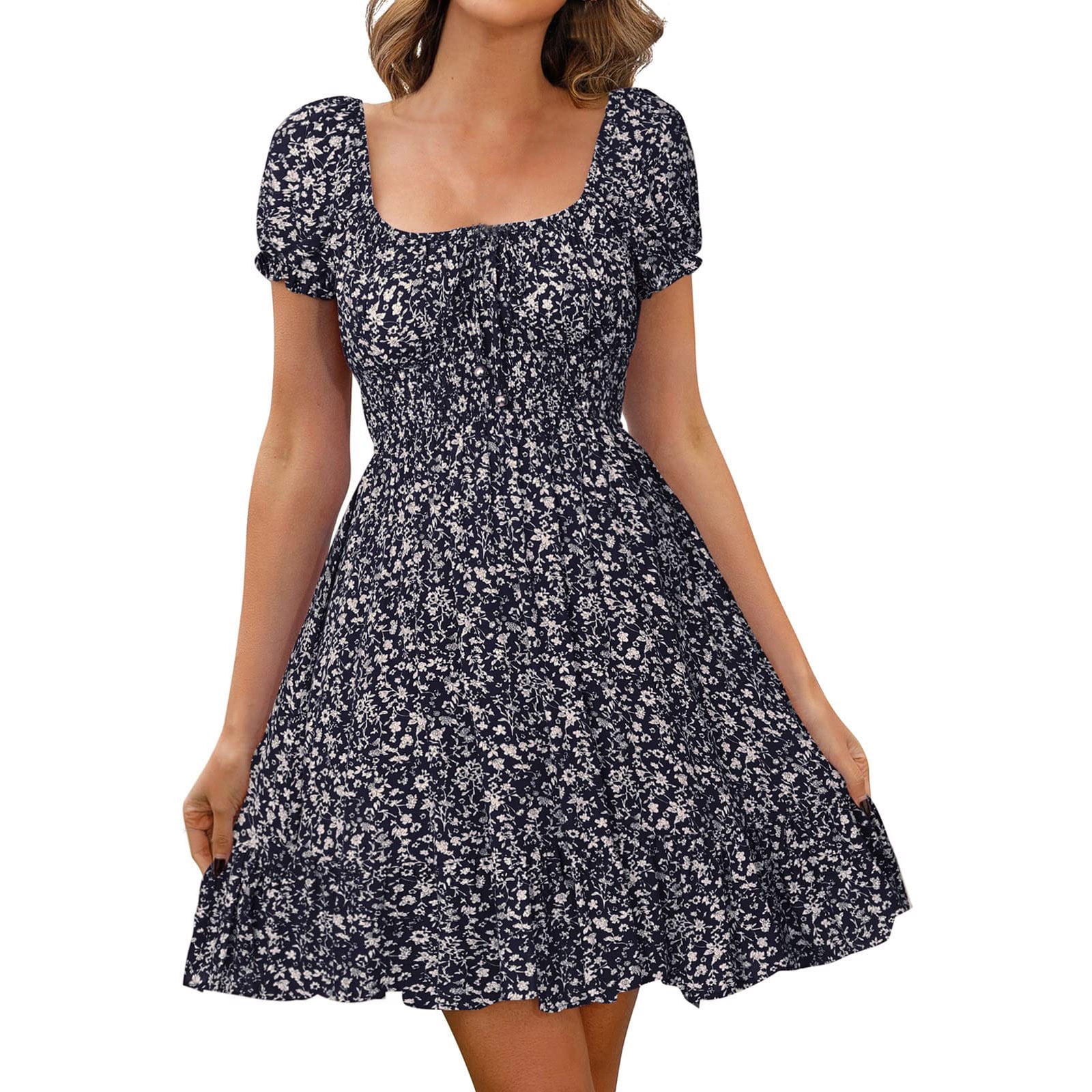 USSUMA Sun Dresses Women Summer Casual Short Sleeve Boho Ruffle Flowy ...