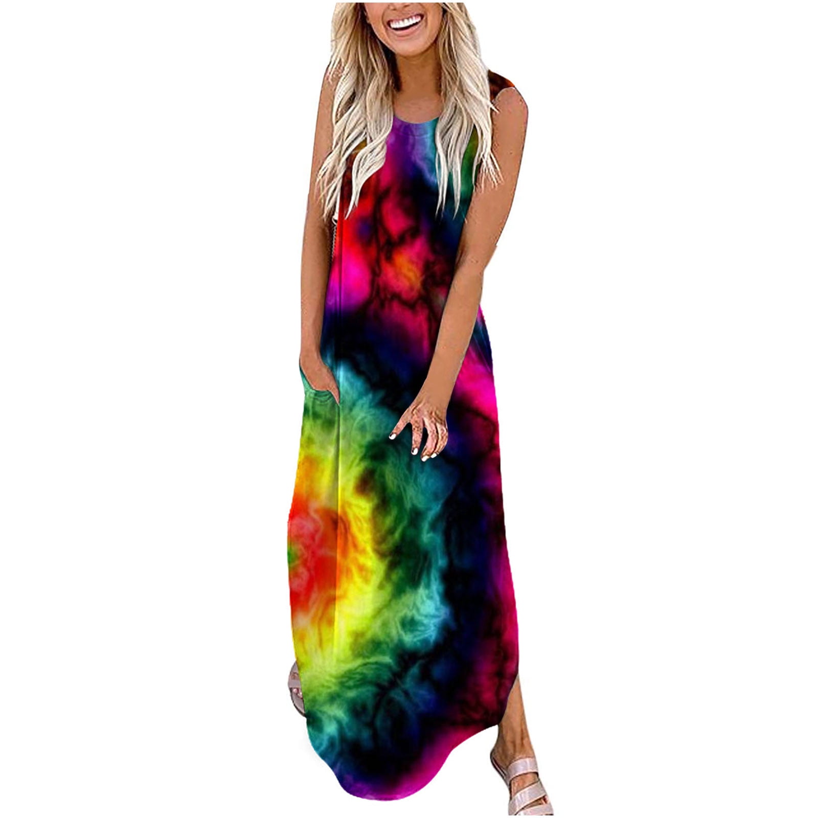 USSUMA Sun Dresses Women Summer Casual Sleeveless Loose Boho Tunic Long ...