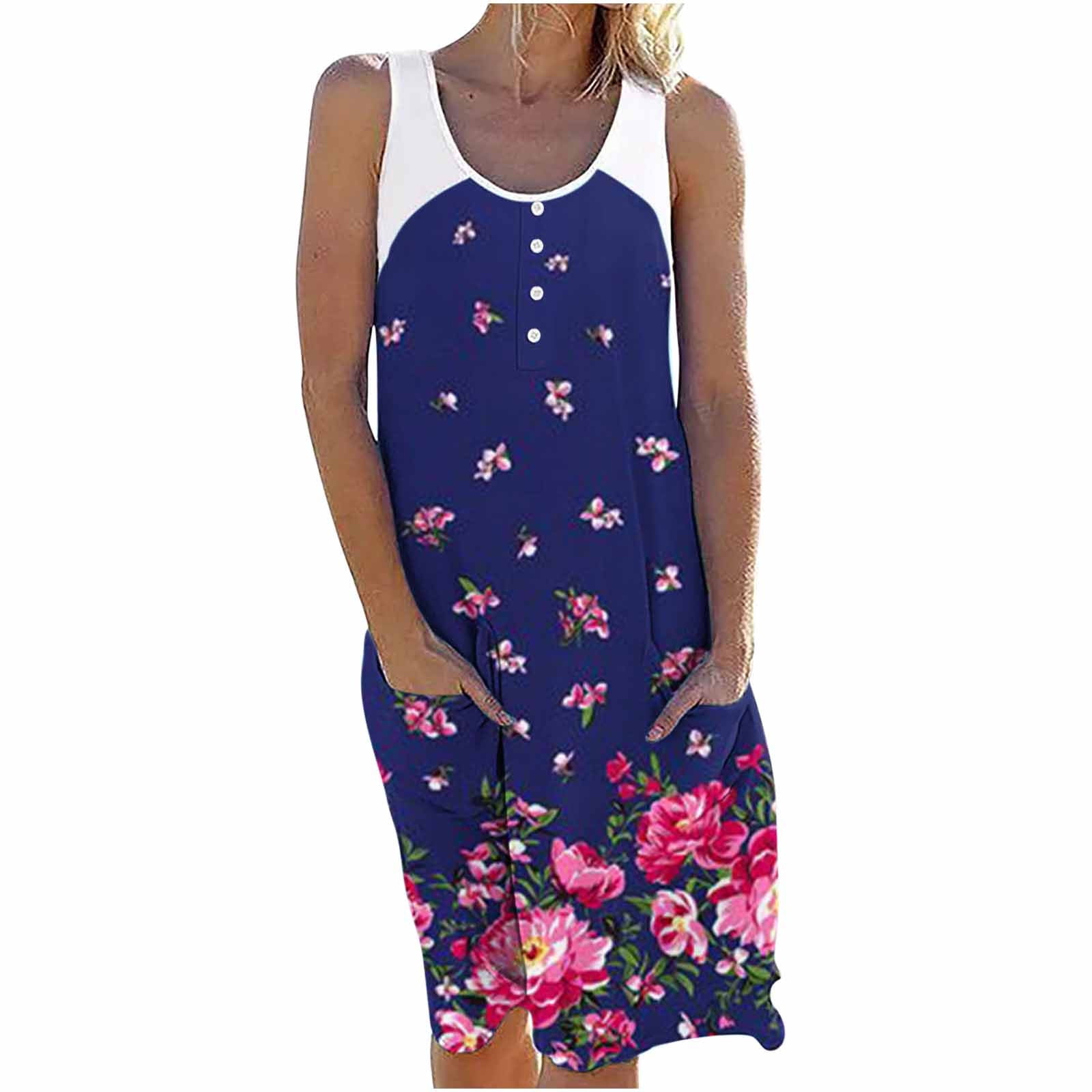 USSUMA Sun Dresses Women Summer Casual Sleeveless Shirt Tank Shift Midi ...