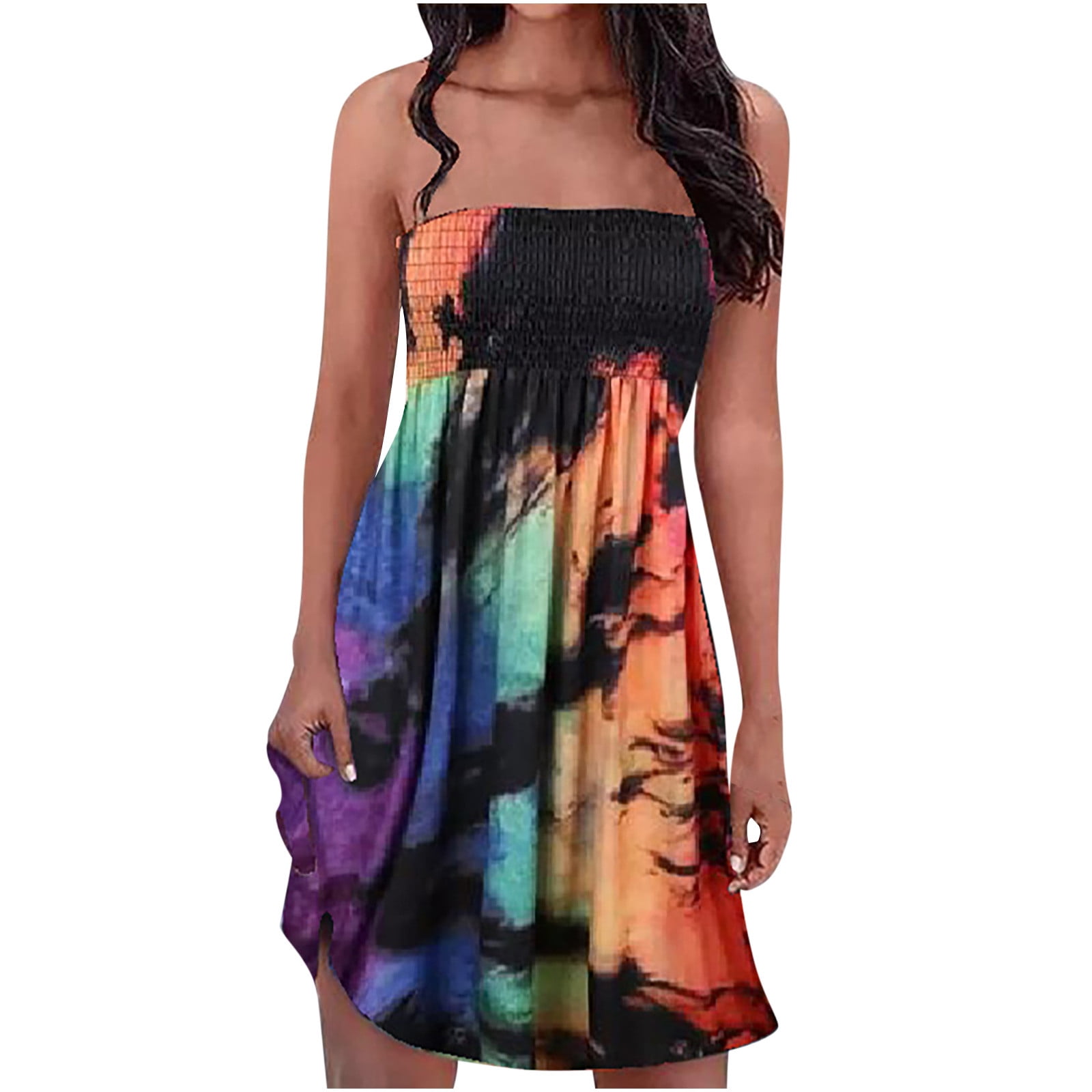 USSUMA Sundresses for Women Casual Summer Sexy Tube Strapless Smocked ...