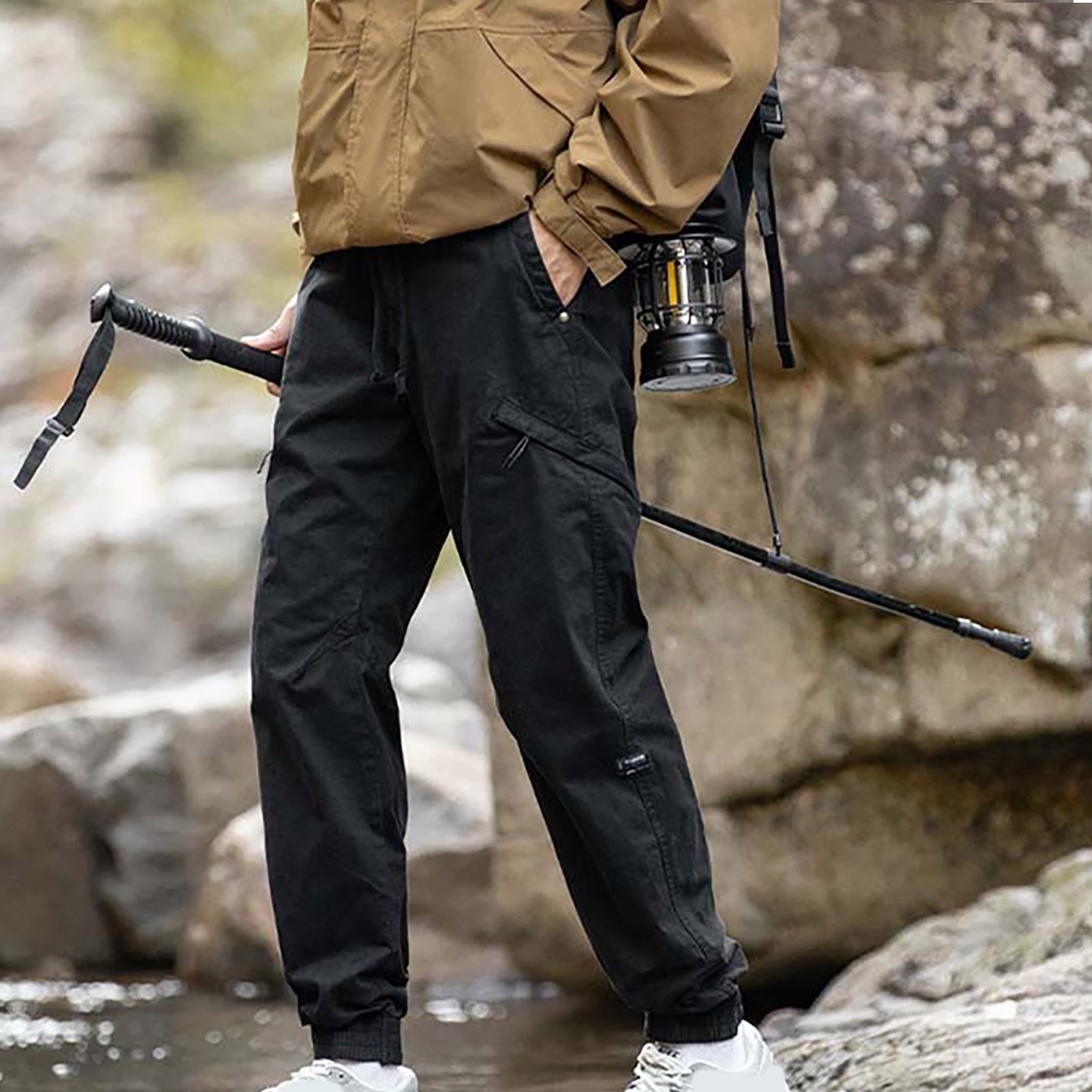 USSUMA Sweat Pants Solid Multi-pocket Long Cargo Casual Relaxed Zipper ...