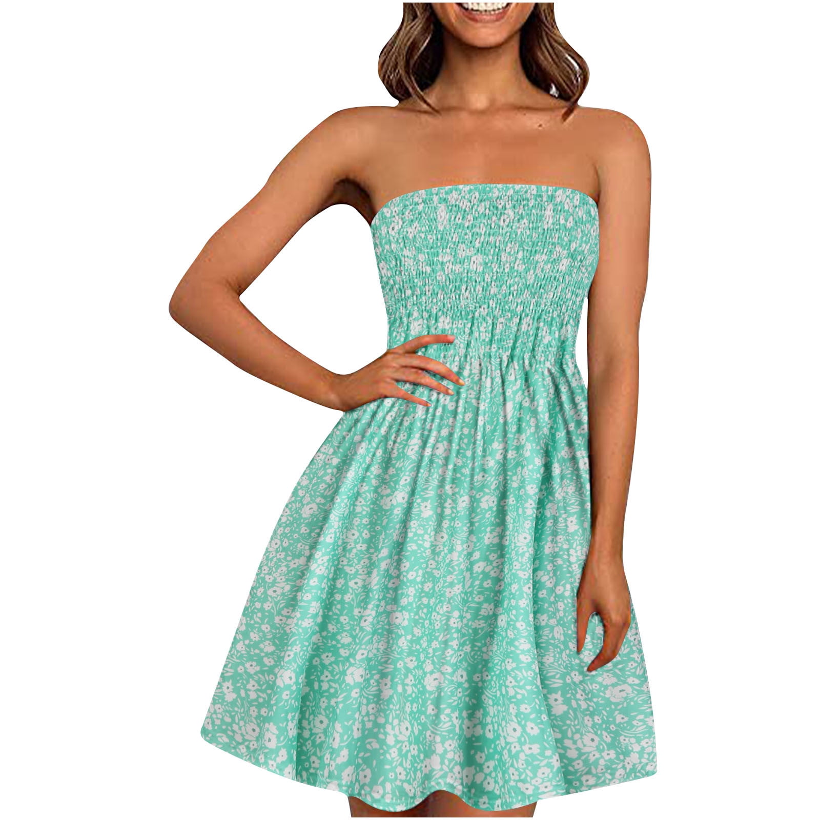 Ussuma Tube Top Dresses For Womens Summer Sexy Strapless Swing Beach Mini Dress Bohemian Floral