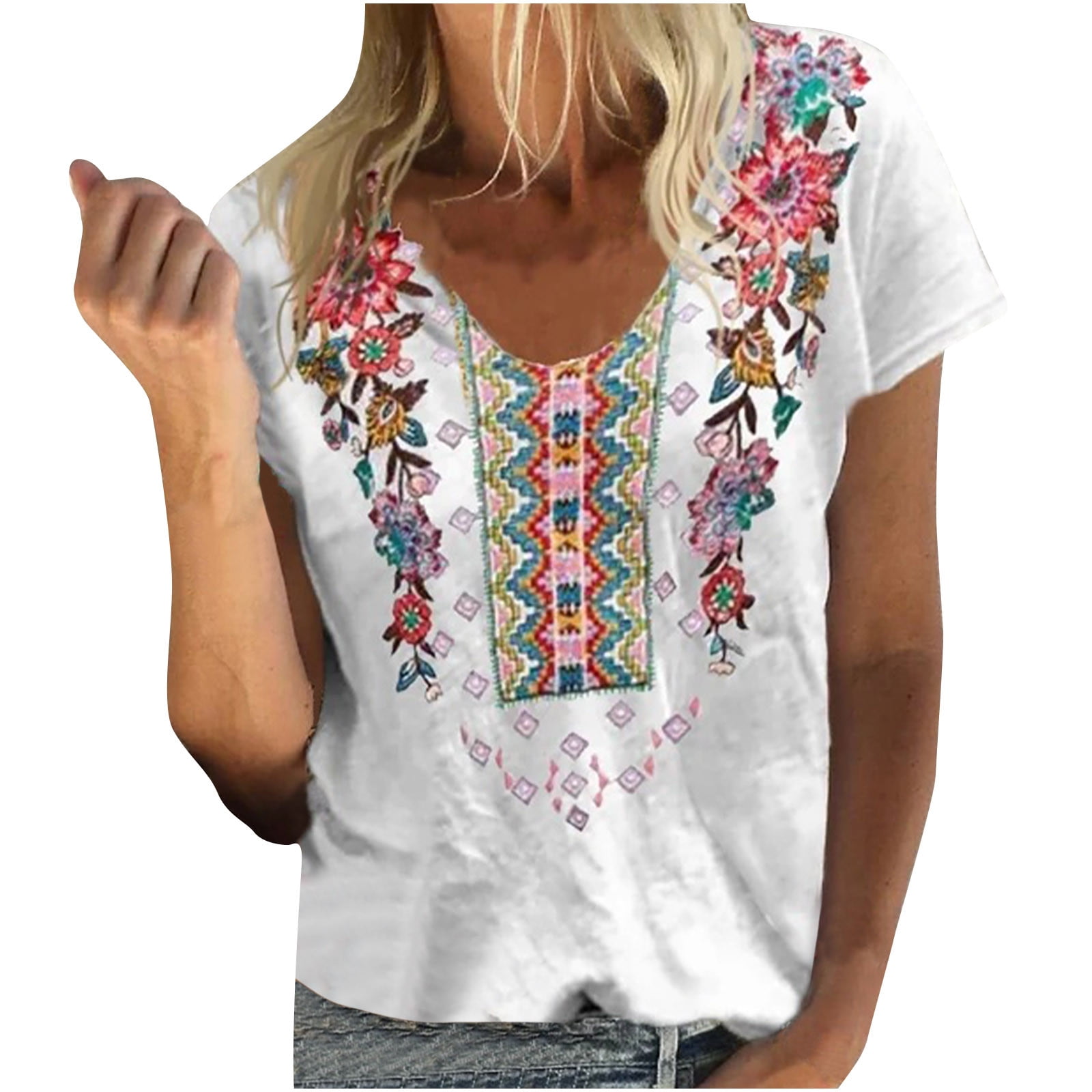 USSUMA Western Ethnic Style Womens Tops Summer Loose Fit Vintage Aztec ...