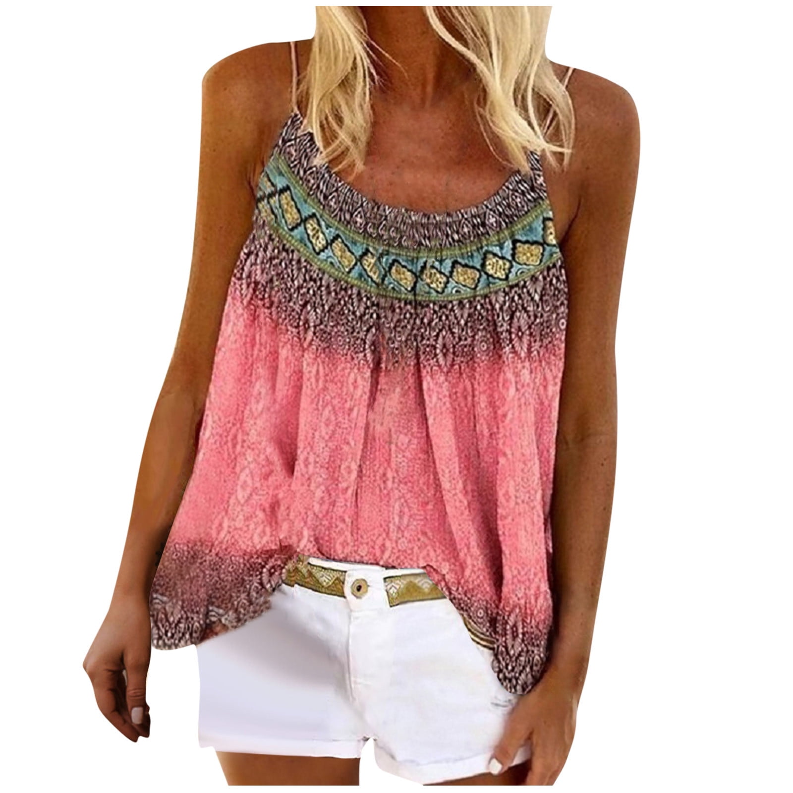 USSUMA Womens Tops Dressy Casual Summer Sleeveless Marble Print Pleated ...
