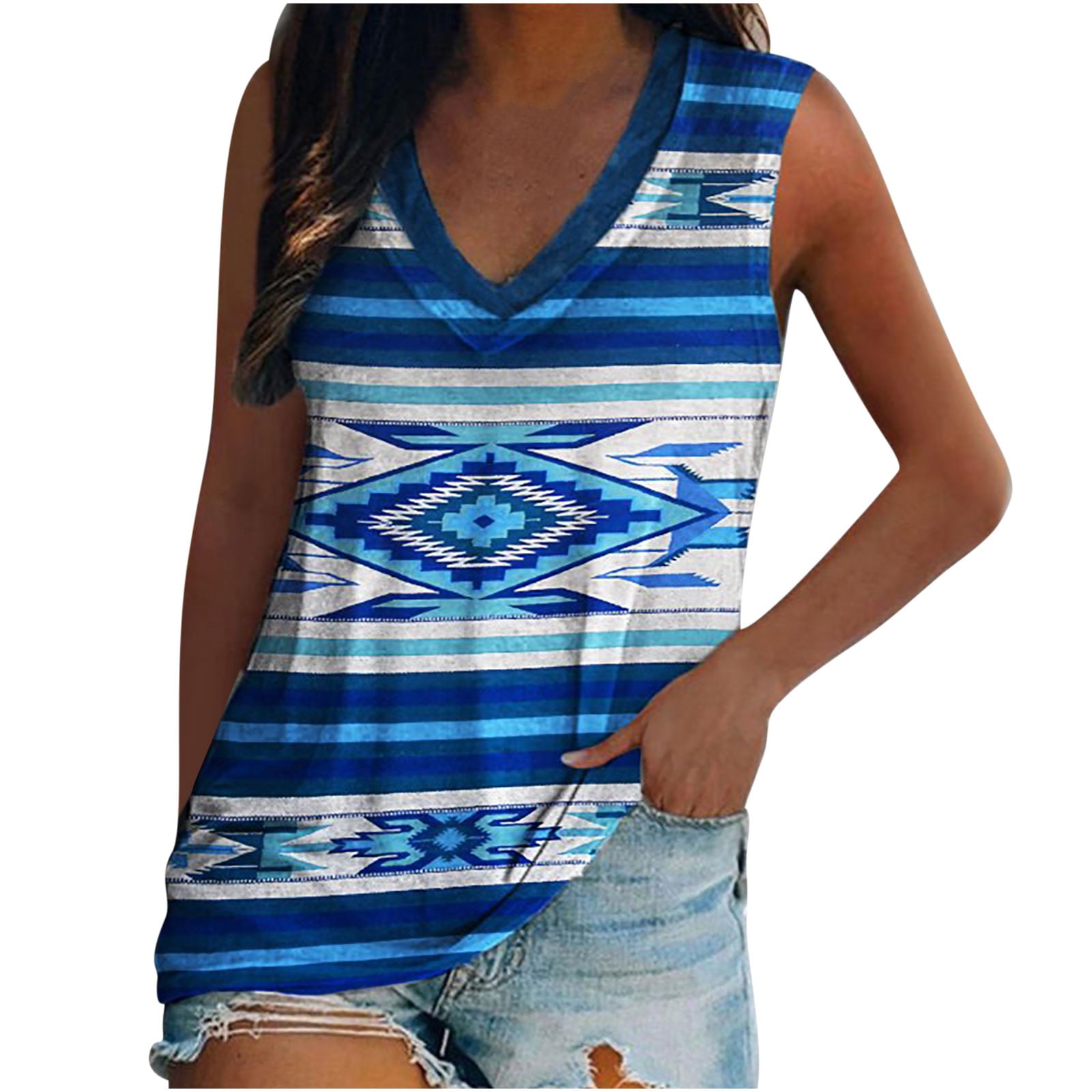 USSUMA Womens Tops Summer 2022,Western Multi Ethnic Print Tank Tops for ...