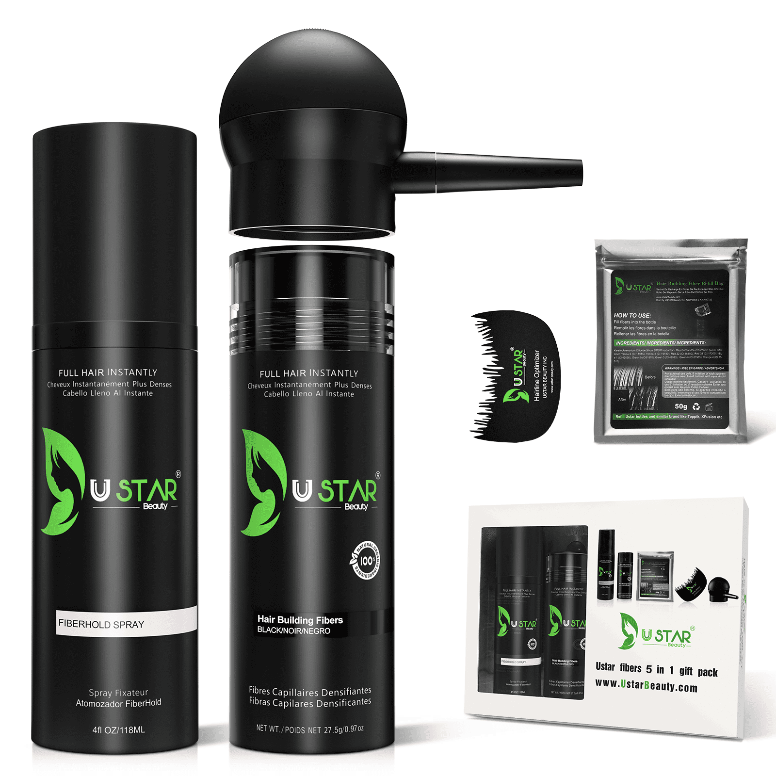 USTAR 5 in 1 Hair Building Fibers Set, Hair Fibers for Thinning Hair ...