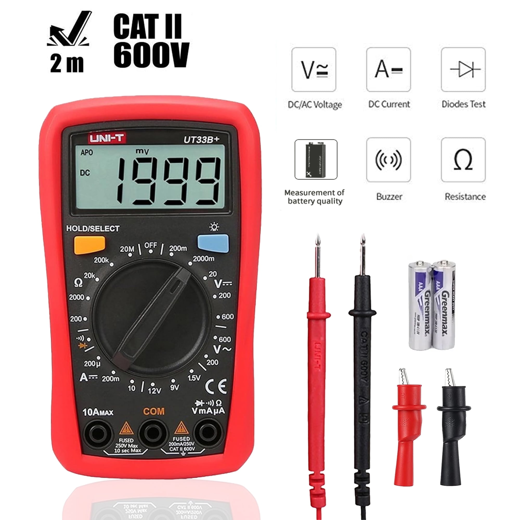 UNI-T UT33B+ LCD Digital Multimeter Battery Test Manual Range DC/AC ...