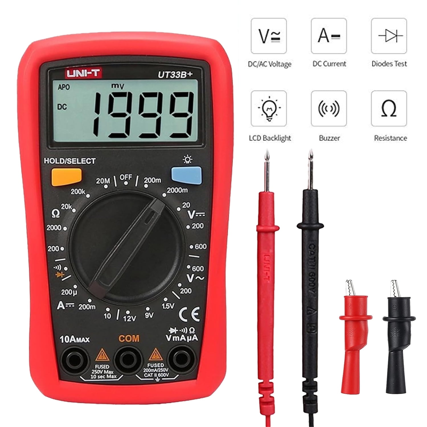 UT33B+ Digital Multimeter Battery Test Manual Range AC DC 200mV~600V ...