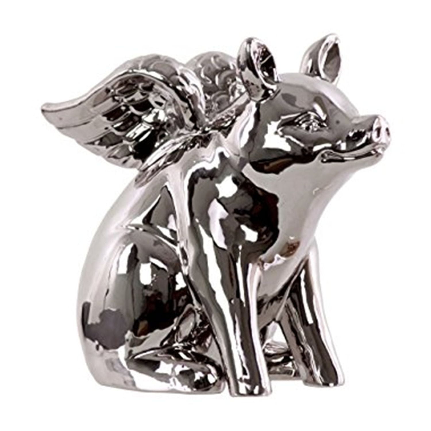 UTC34237 Ceramic Sitting Winged Pig Figurine Polished Chrome Finish ...