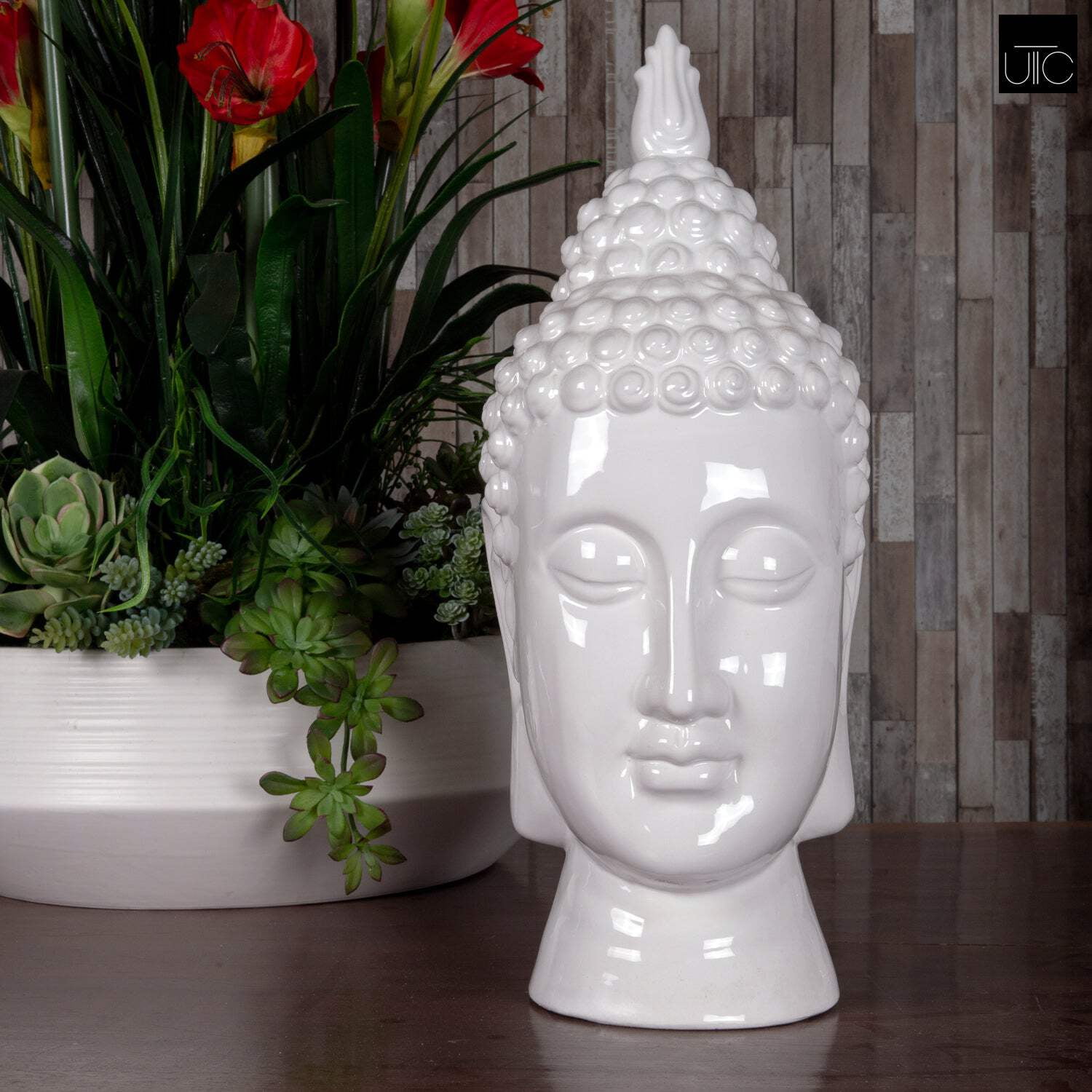 UTC40027 Ceramic Buddha Head with Pointed Ushnisha and Elongated Face ...