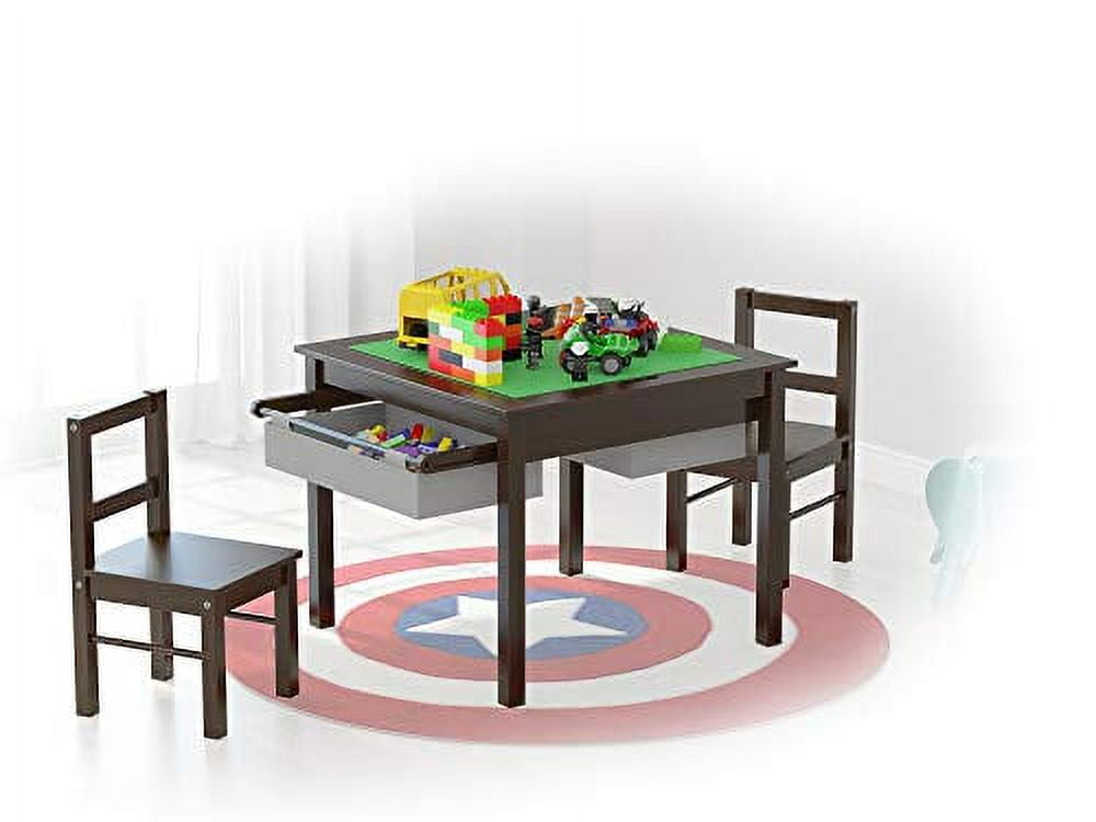 UTEX 2-in-1 Kids Activity Table & Chairs Set, Wooden Construction Play ...