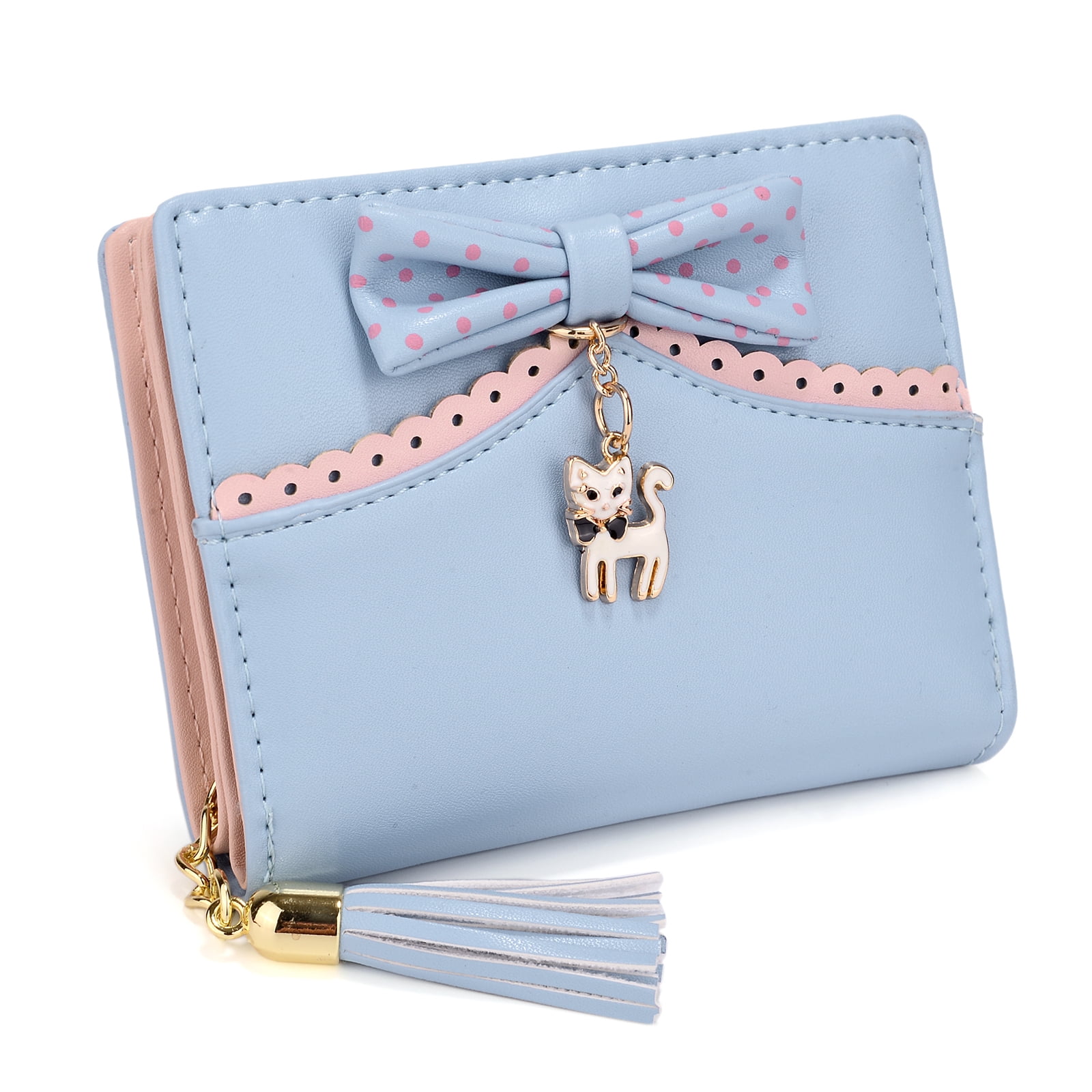UTO Girls Wallet Leather Vegan Card Holder Bifold Slim Cute Cat Pendant ...