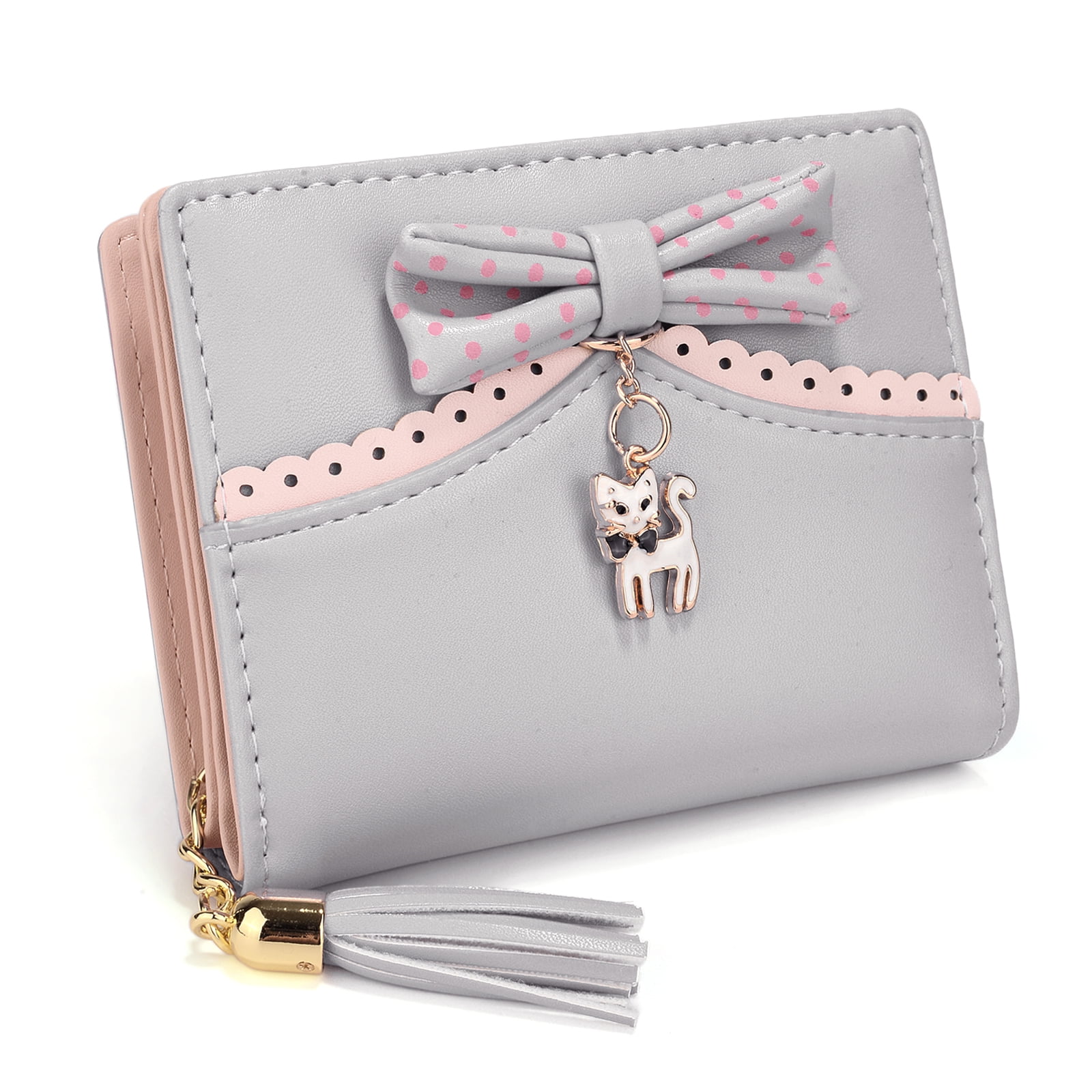 UTO Girls Wallet Leather Vegan Card Holder Bifold Slim Cute Cat Pendant ...