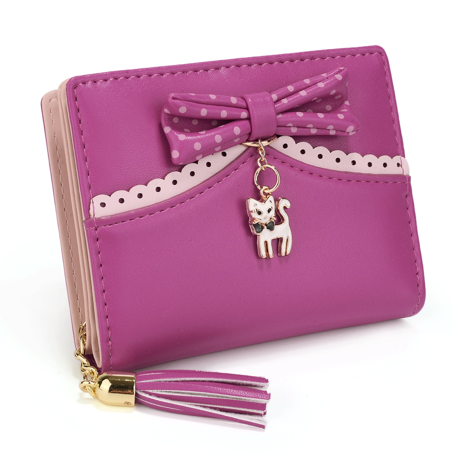 UTO Girls Wallet Leather Vegan Card Holder Bifold Slim Cute Cat Pendant ...