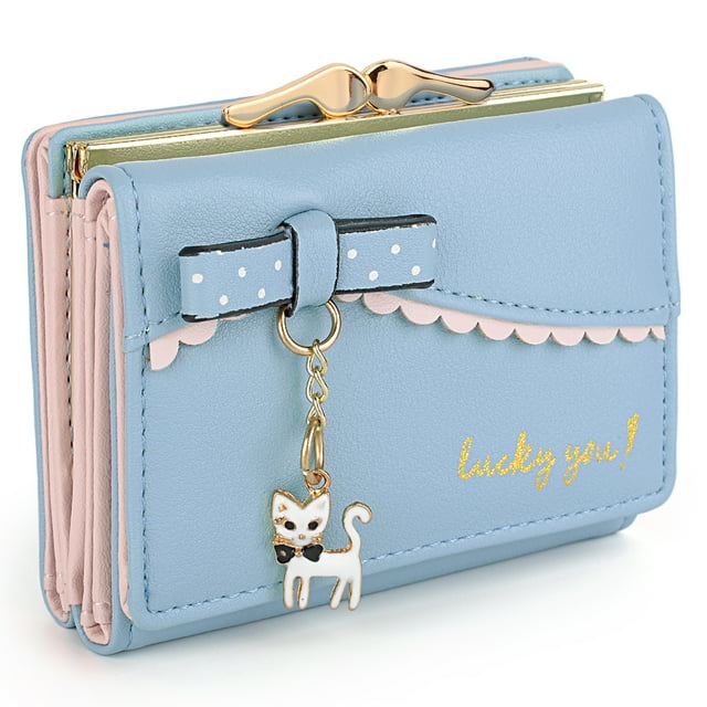 Uto Small Wallet For Women Girls Pu Leather Card Holder Trifold Coin Purse With Cute Bow Cat