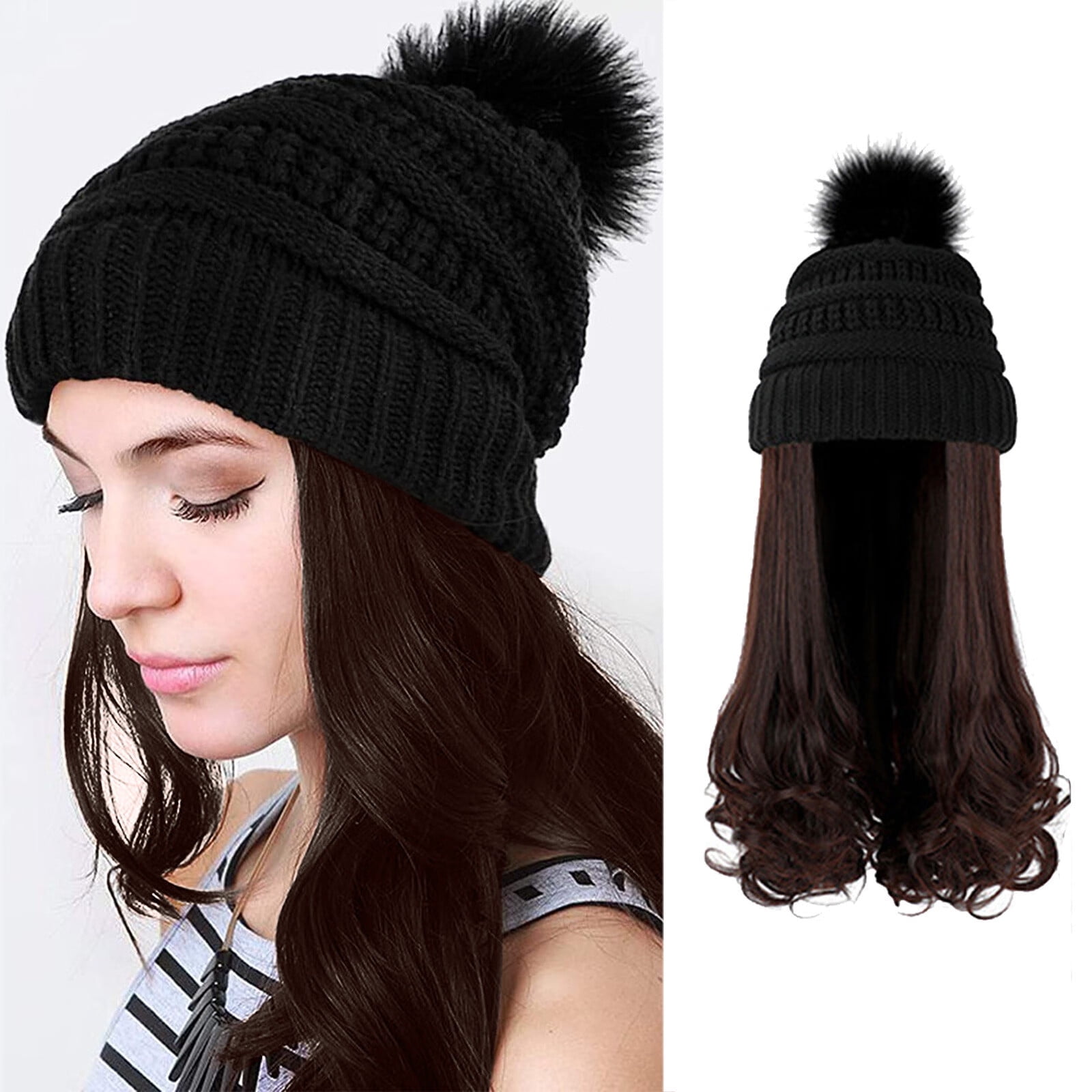 UTOURS Fashion Long Curly Hair Hat Wig One Knit Hat Wool Curl Corn Perm ...