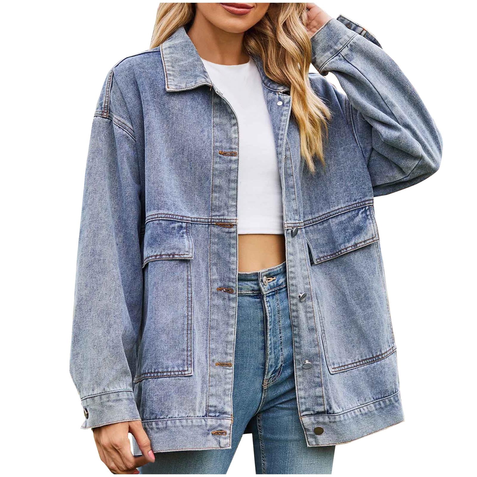 UTSJKR Women's Long Sleeve Denim Jackets Baggy Loose Jean Trucker Coats ...