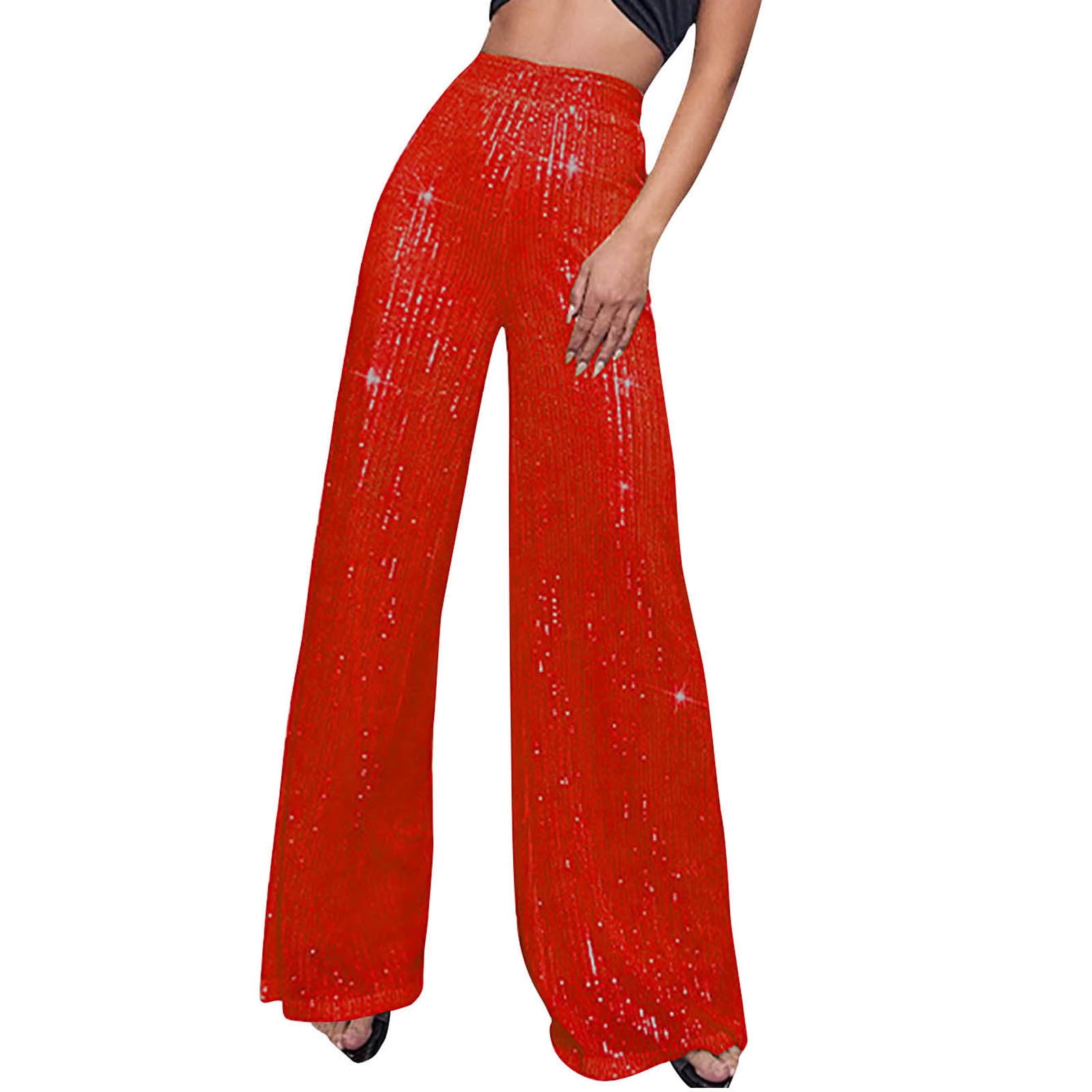 Utsjkr Women Sequin Pants High Waisted Glitter Palazzo Bell Bottom