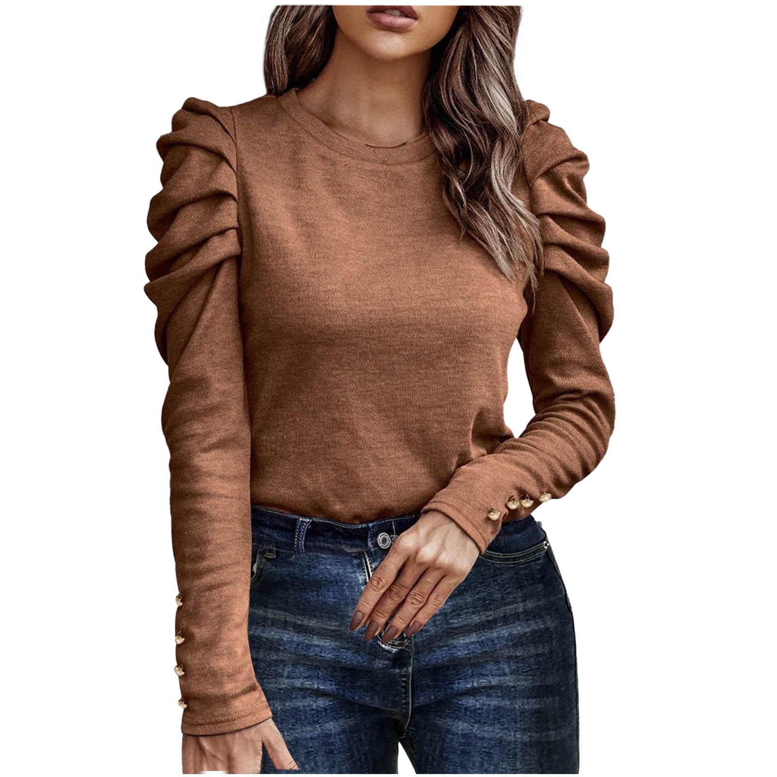 UTSJKR Women's Casual Tops 2024 Fashion Elegant Solid Crew Neck Blouse ...
