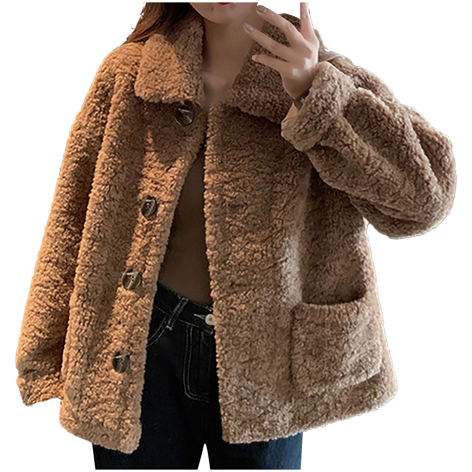UTSJKR Women's Faux Fur Coat Fluffy Faux Fur Jacket Long Sleeve Lapel ...