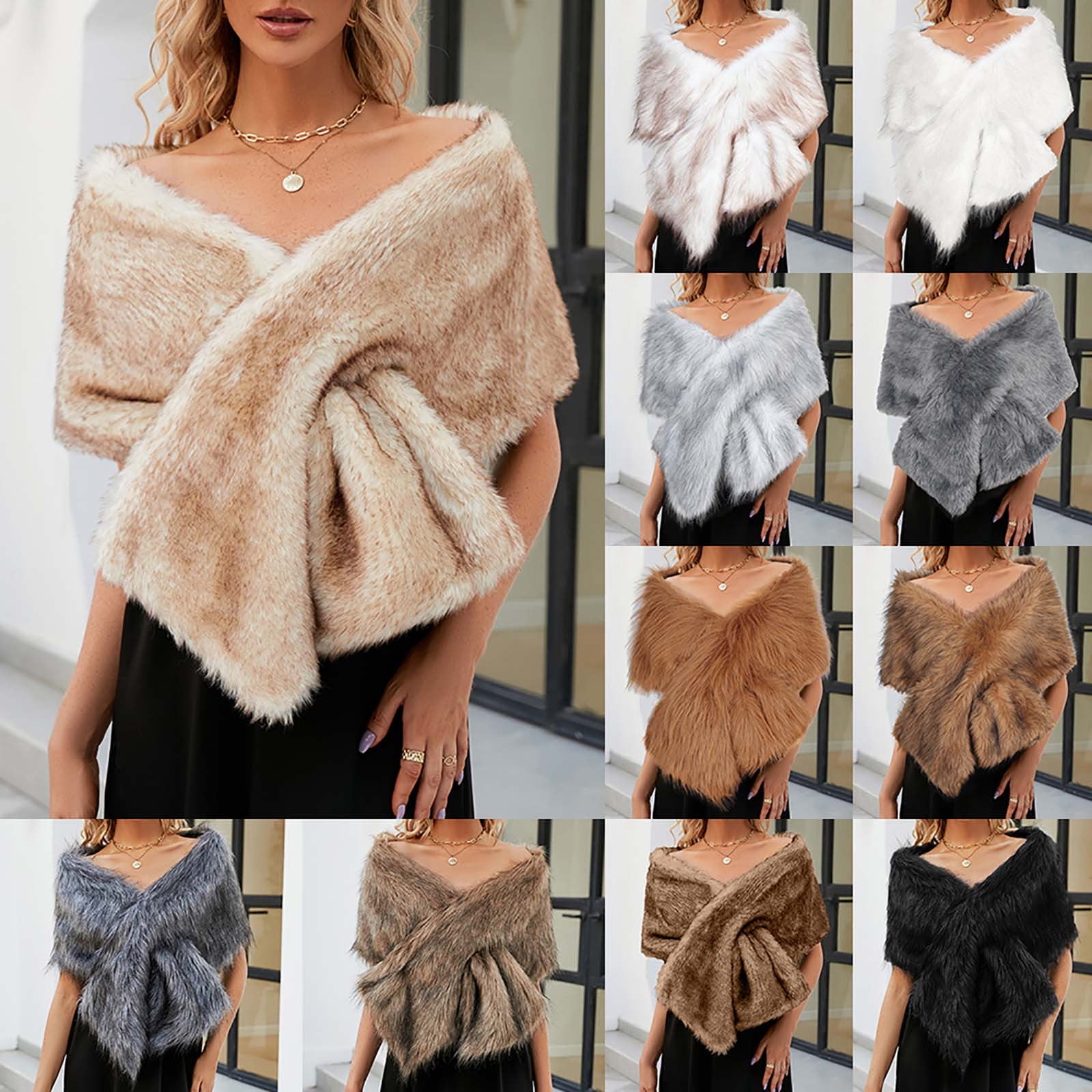 UTSJKR Women's Faux Fur Shawls Fluffy Warm Bridal Fur Wrap Cape for ...