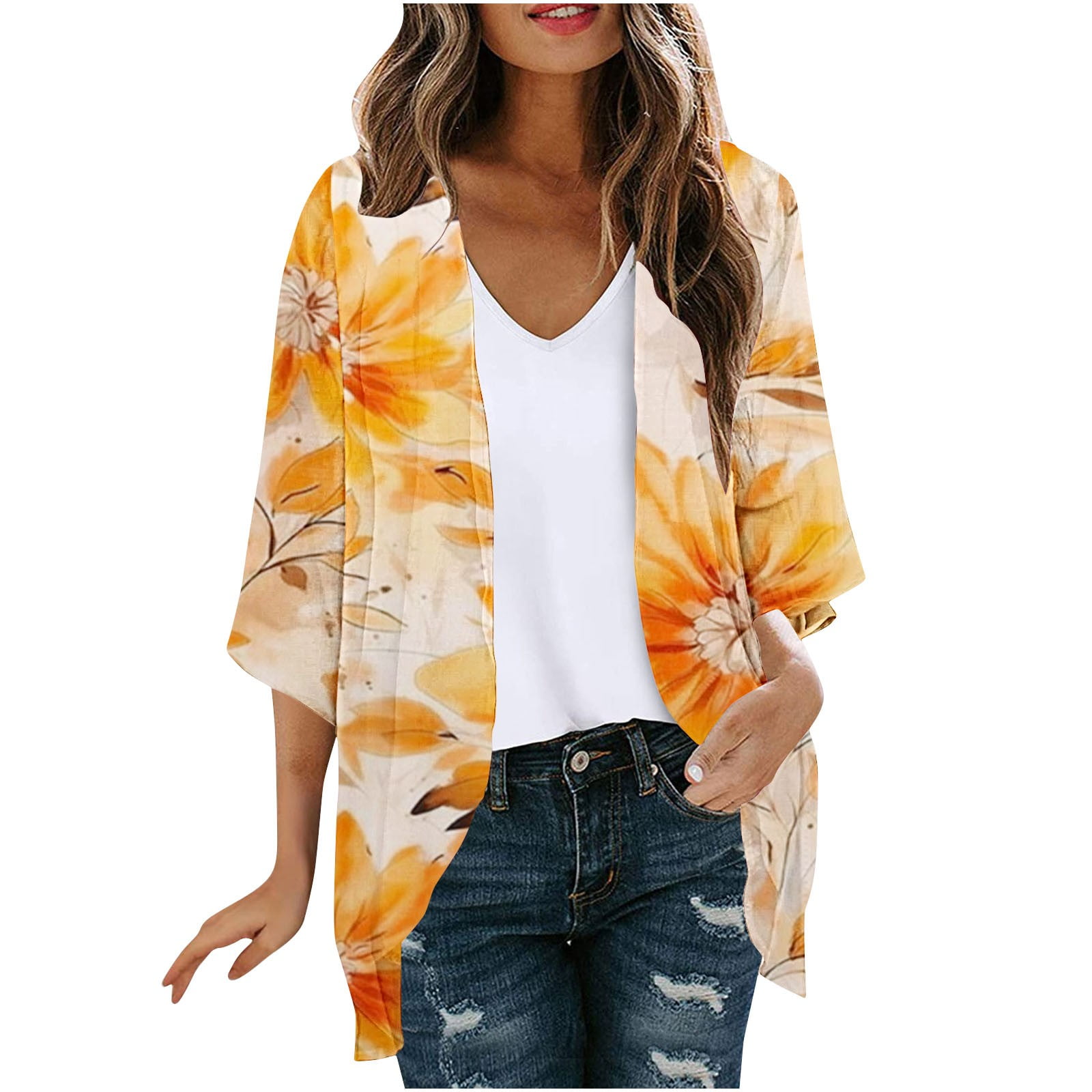 UTSJKR Women's Floral Print Chiffon Cardigan 2024 Fall Lightweight Open ...